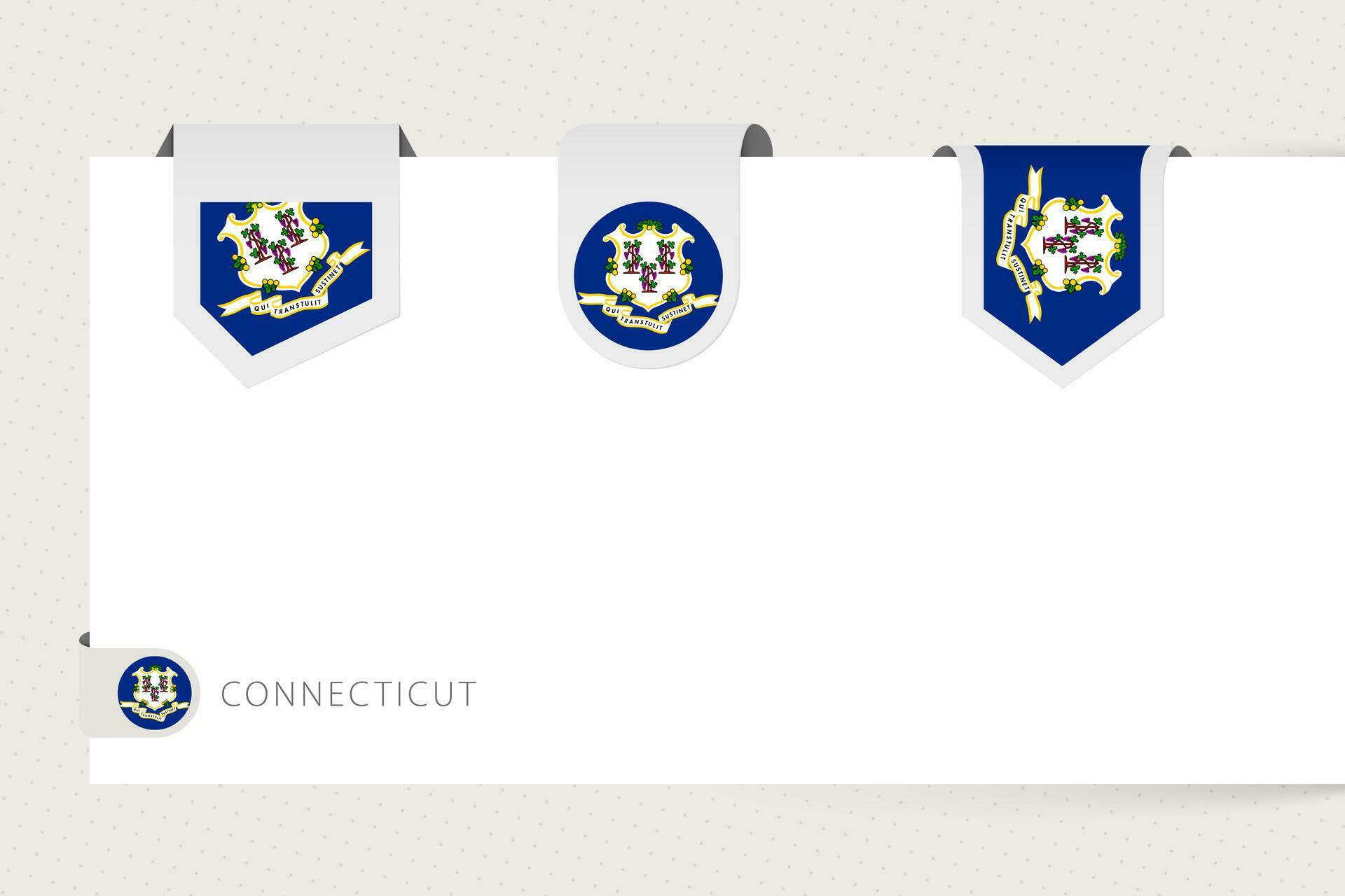 Label flag collection of US state Connecticut in different shape. Ribbon flag template of ...