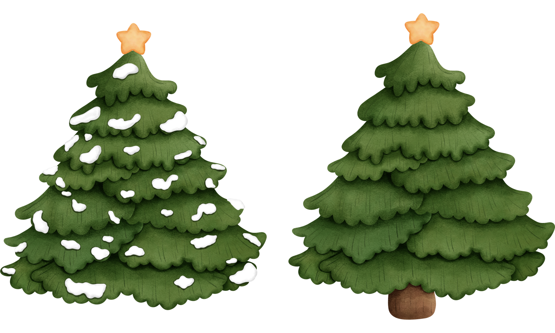 Cute Watercolor Christmas Trees With Snow And Star Clipart Set