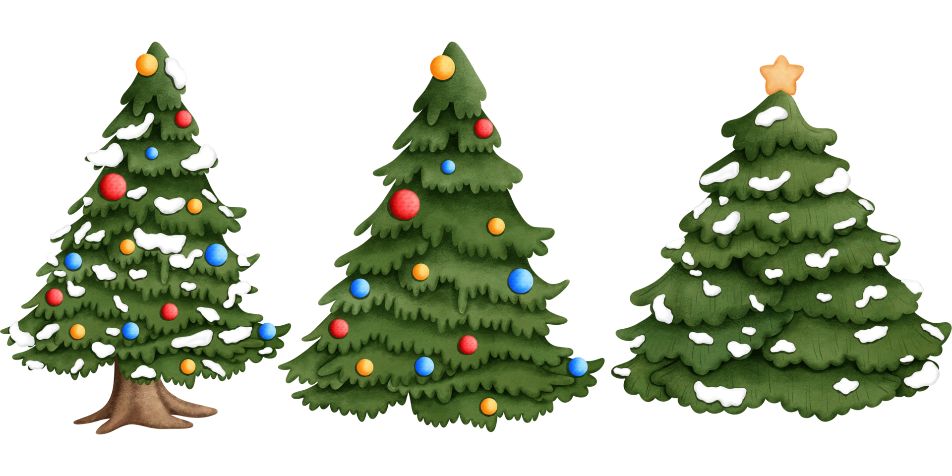 Set Of Three Cute Watercolor Cute Christmas Pine Trees With Snow And