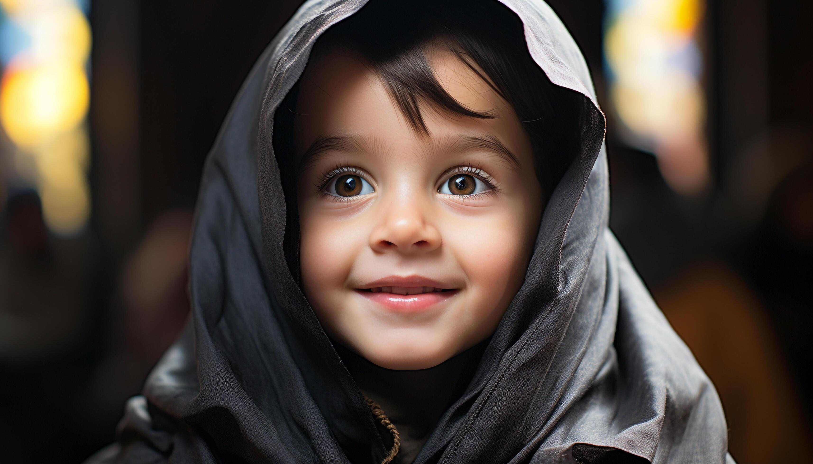 Smiling child in traditional clothing, looking at camera with happiness ...