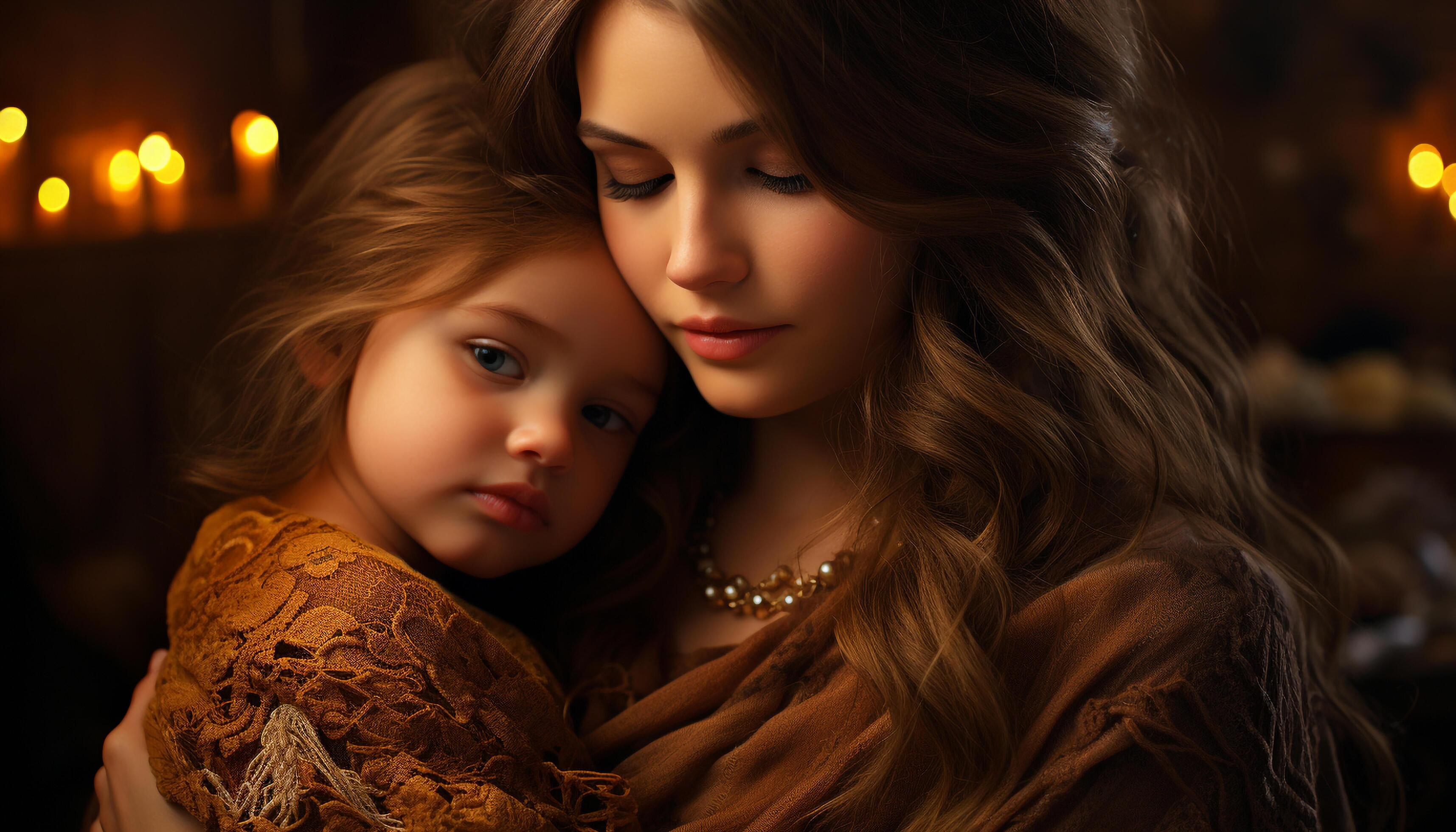 A Beautiful Mother And Daughter Embracing Radiating Love And Happiness