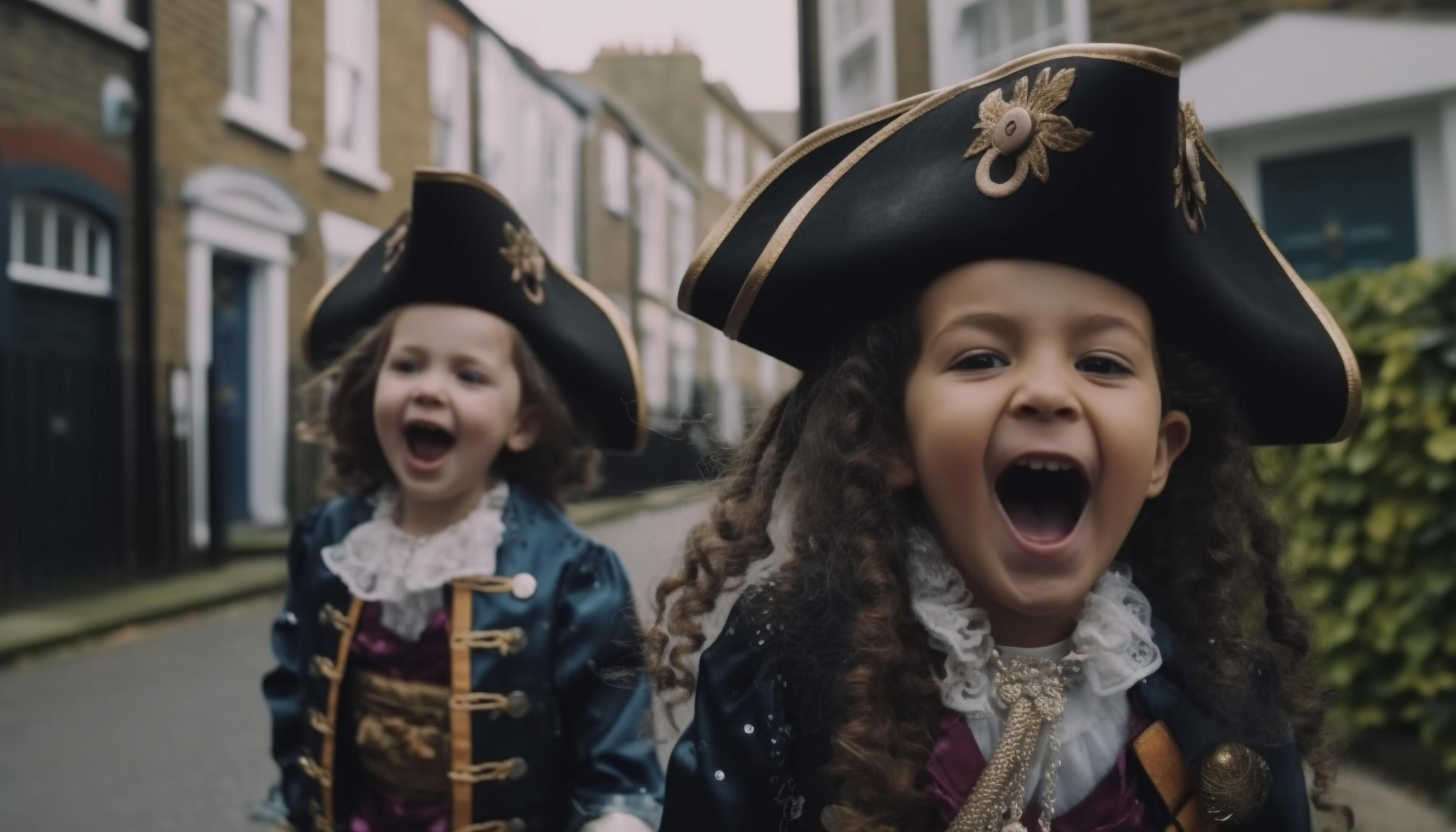 Two cute girls in Halloween costumes playing and smiling outdoors ...