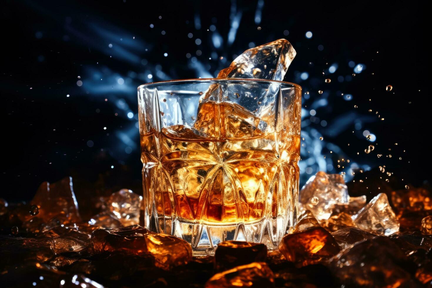 Super slow motion of ice cube falling into whisky filmed at 1000 fps with high-speed cinema ...