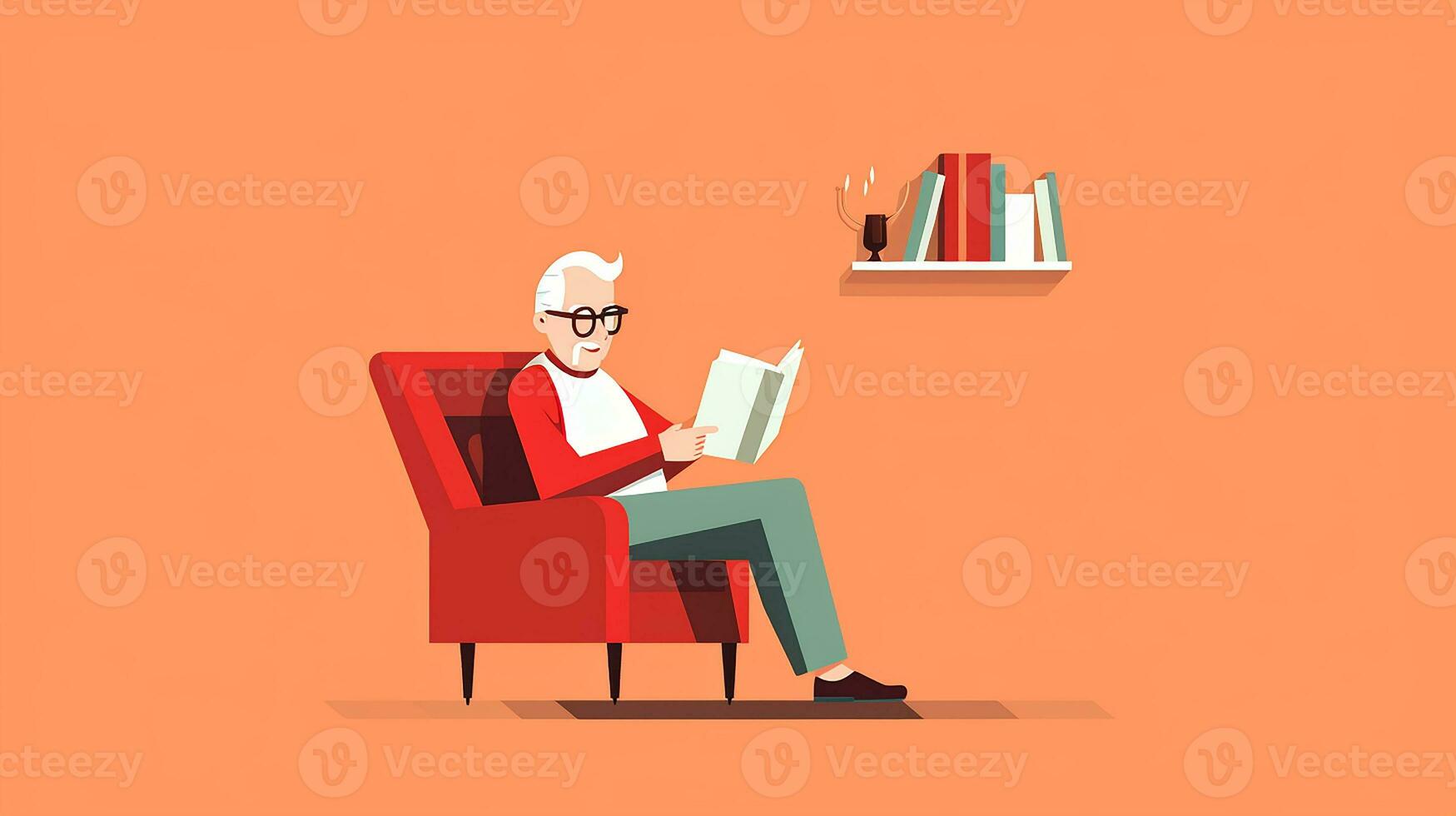 Old Man Reading A Book While Sitting In A Chair Vector Illustration