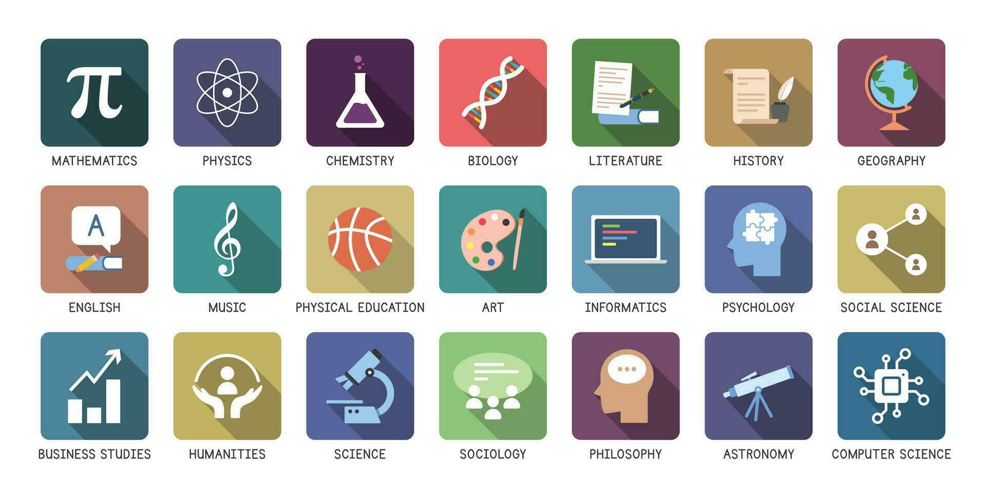 Vector set of school subjects icons flat style with long shadow ...