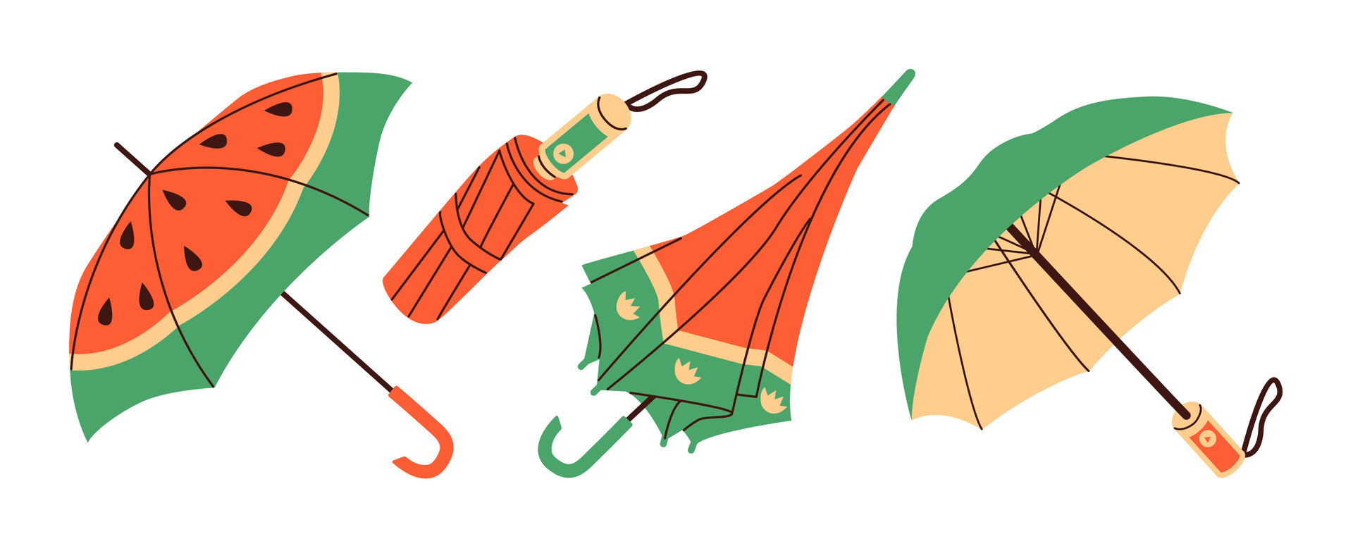 Set of different Umbrellas in various positions, Open and folded umbrellas. Flat vector ...