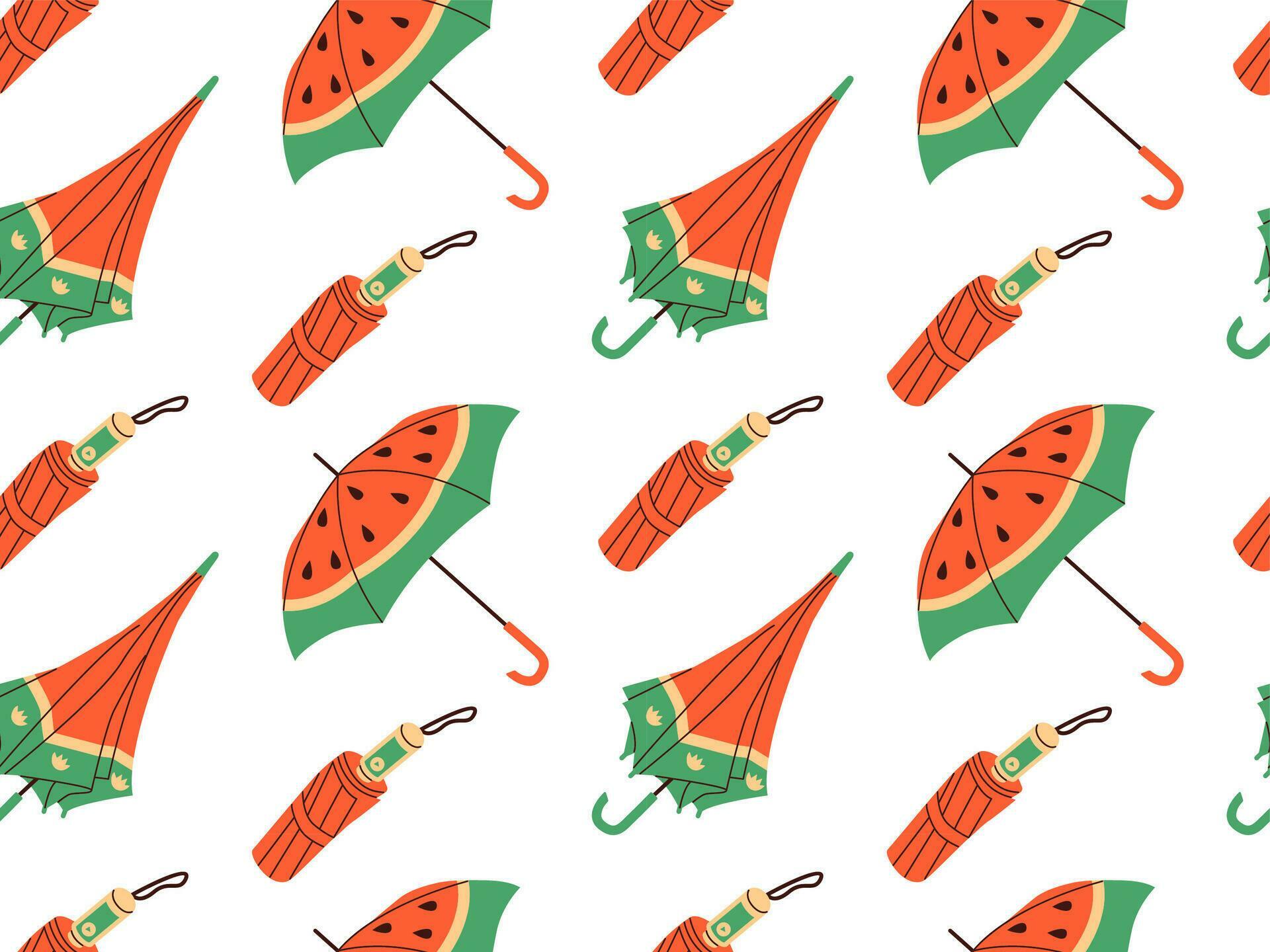 Set of different Umbrellas in various positions, Open and folded umbrellas. Flat vector ...