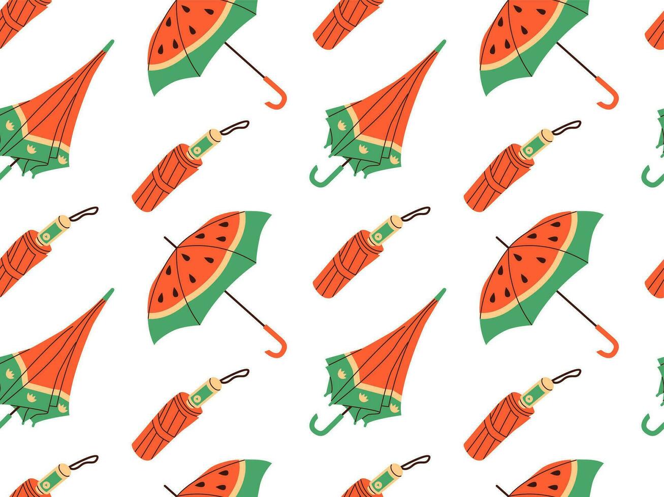 Set of different Umbrellas in various positions, Open and folded umbrellas. Flat vector ...