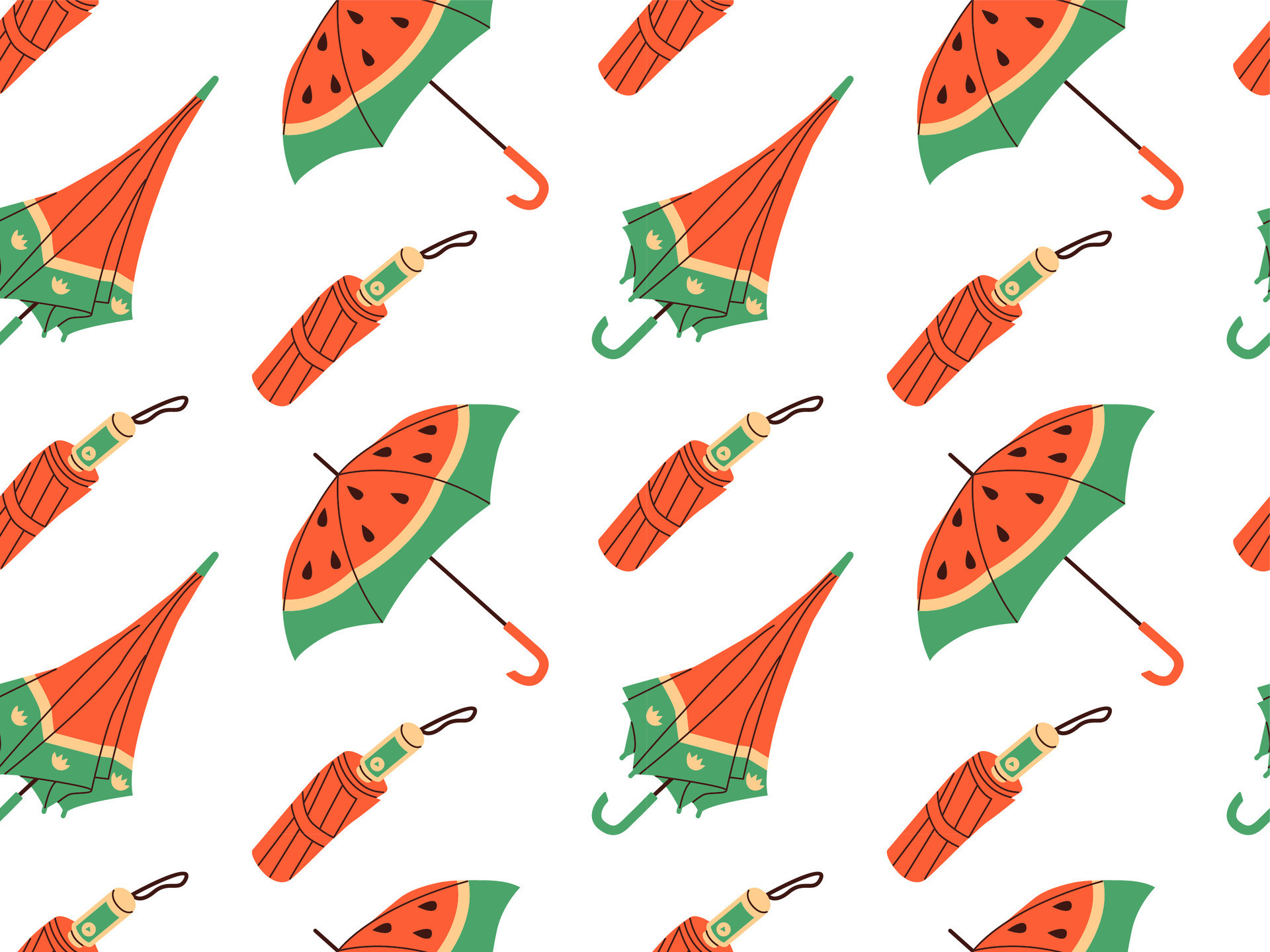 Set of different Umbrellas in various positions, Open and folded umbrellas. Flat vector ...