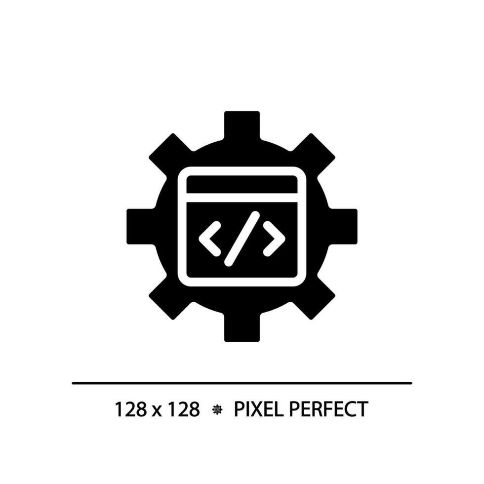 STEM in coding in pixel perfect black glyph icon. App development studying process. Programming ...