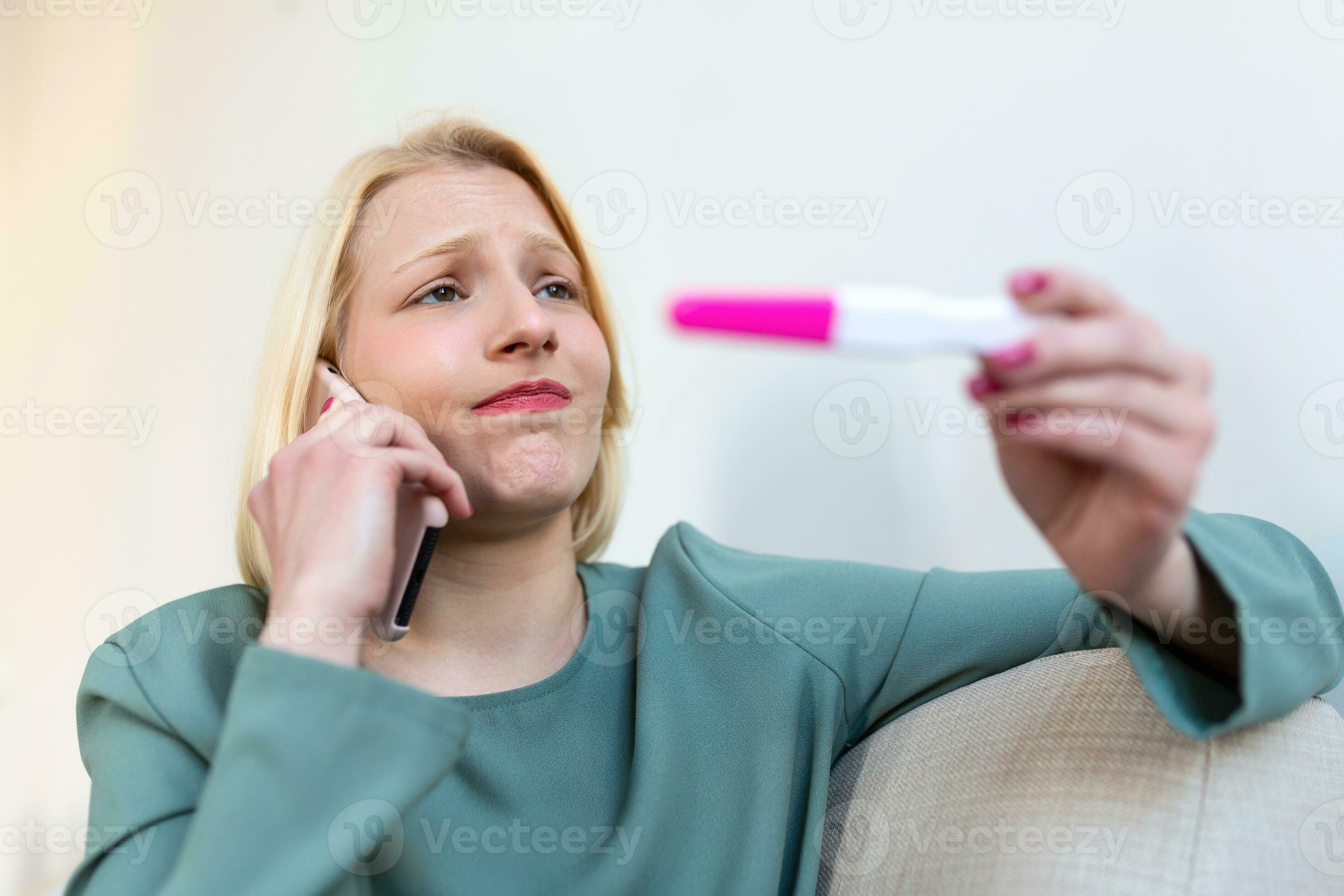 Shocked Woman Looking At Control Line On Pregnancy Test Single Sad