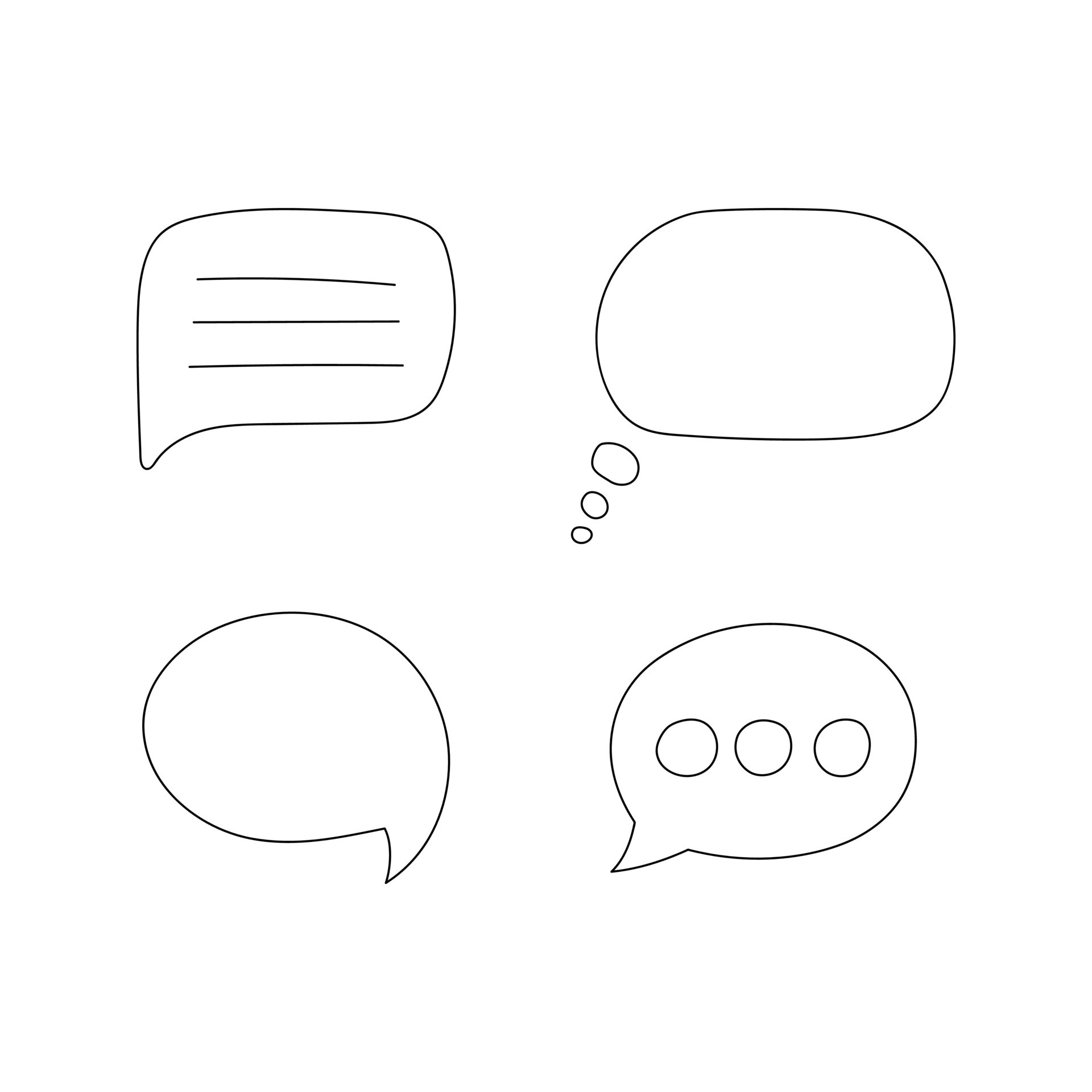 Speech bubbles in simple doodle style. Set of empty shapes for thoughts ...