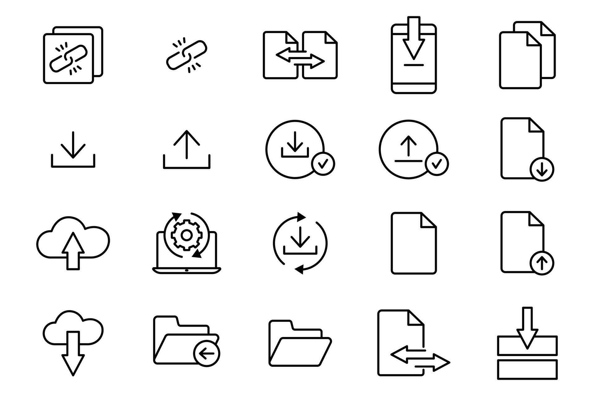 Download set icon. Contains icons download, upload, transfer, link, etc. suitable for web site ...