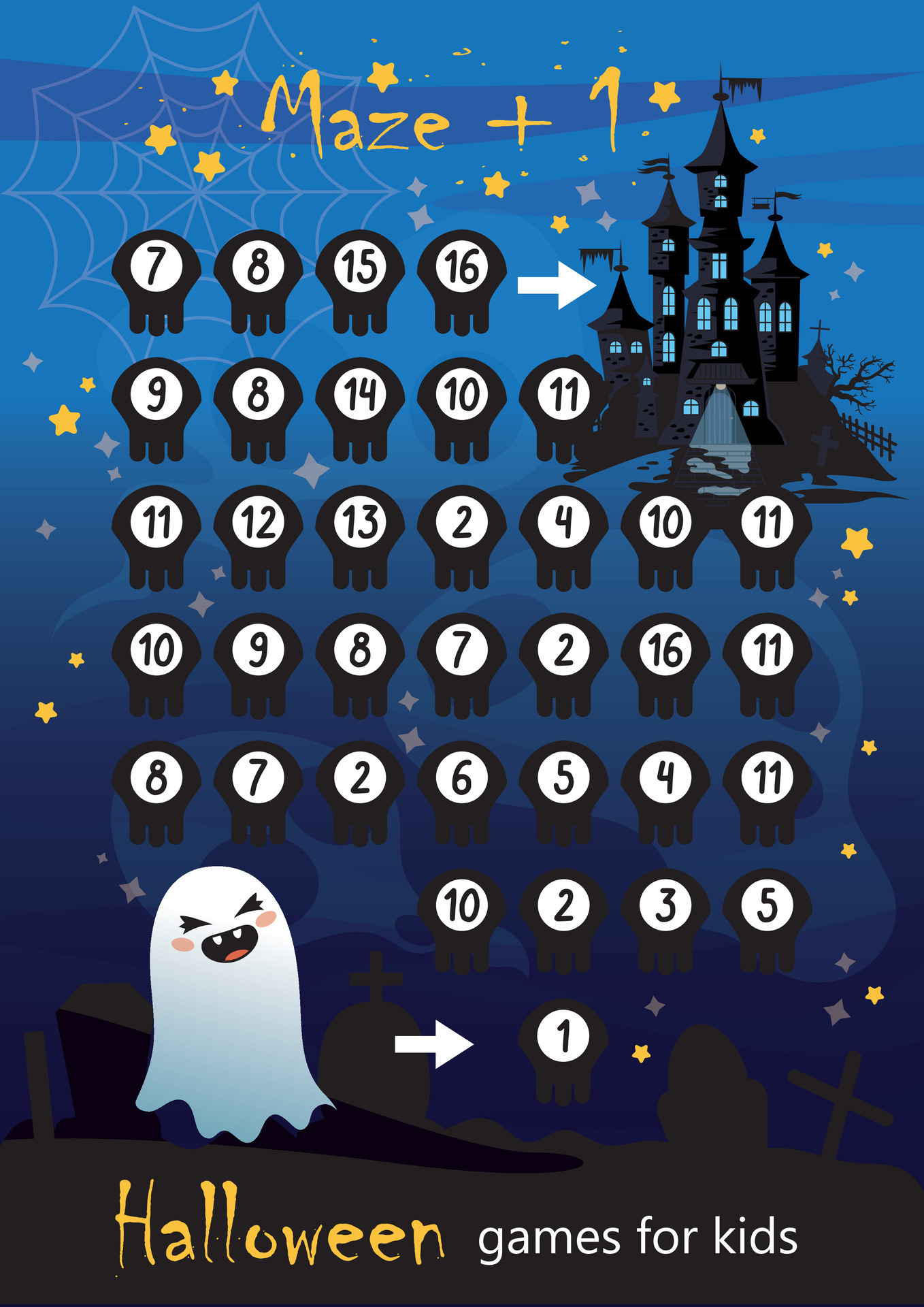 Halloween set, puzzle for children. Math maze, find the numbers from 1 ...