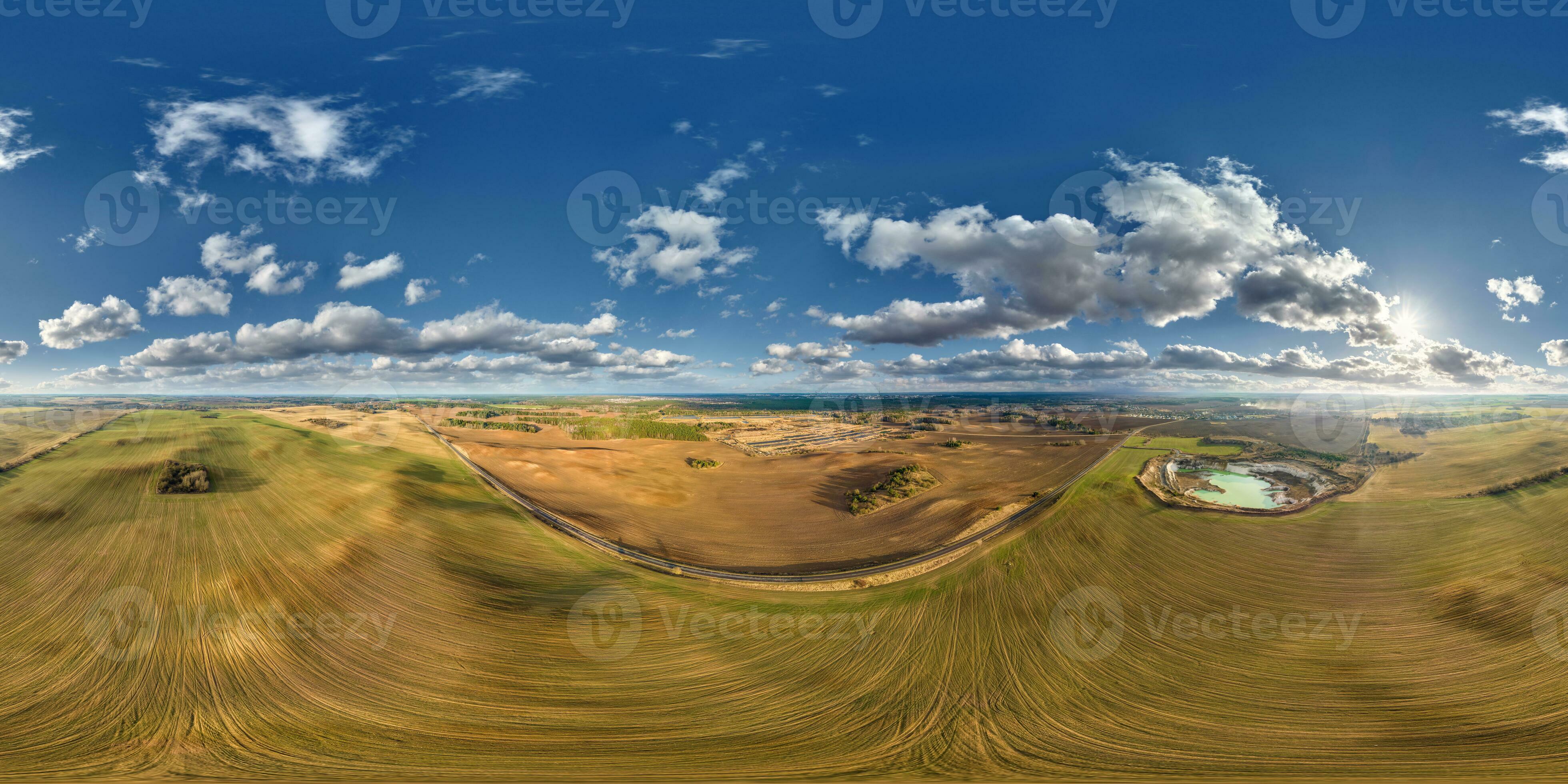 aerial hdri 360 panorama from great height or bird's eye view over plains, hills and flooded ...