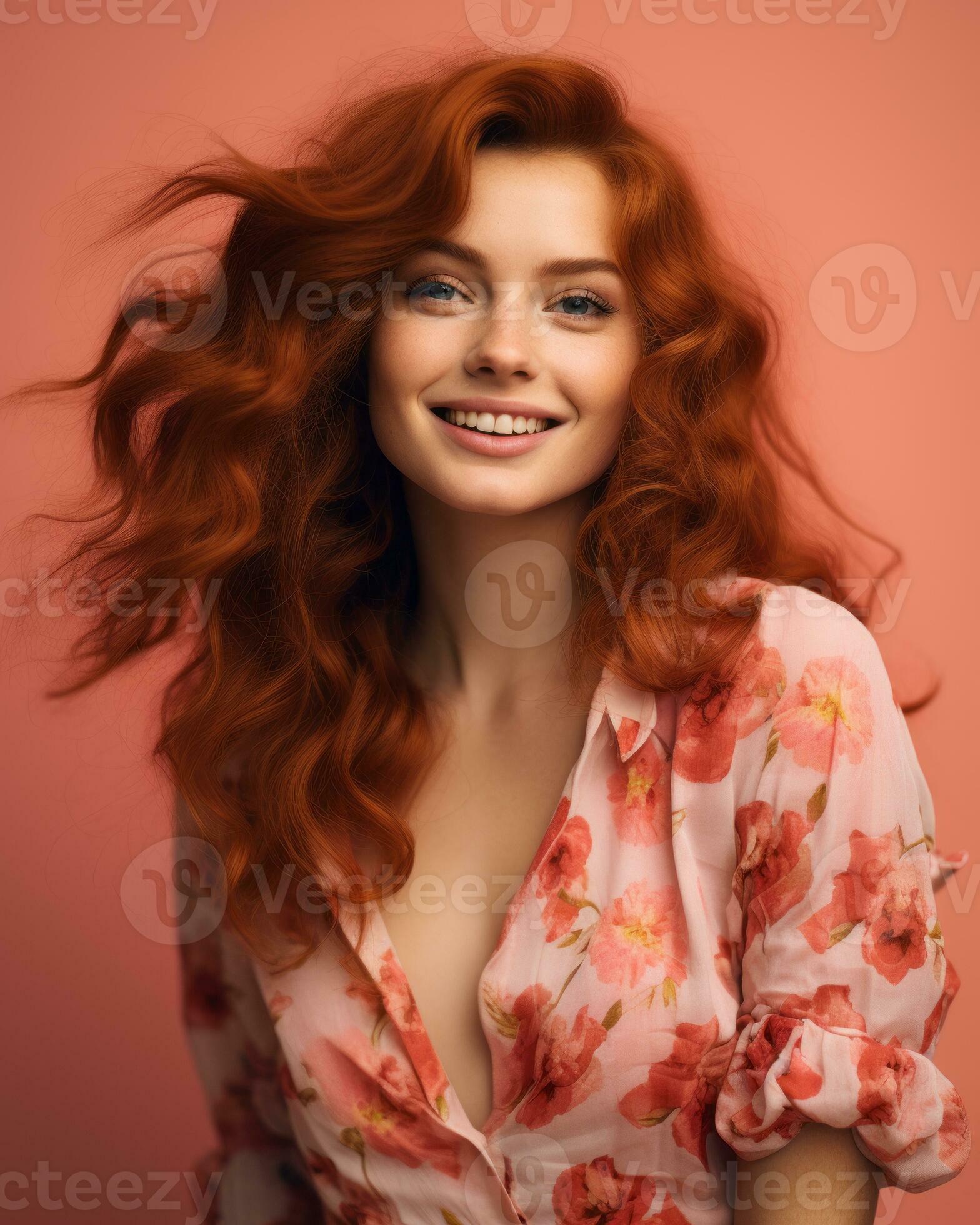 Beautiful Redhead Woman With Long Red Hair Posing On Pink Background Generative Ai 27806429