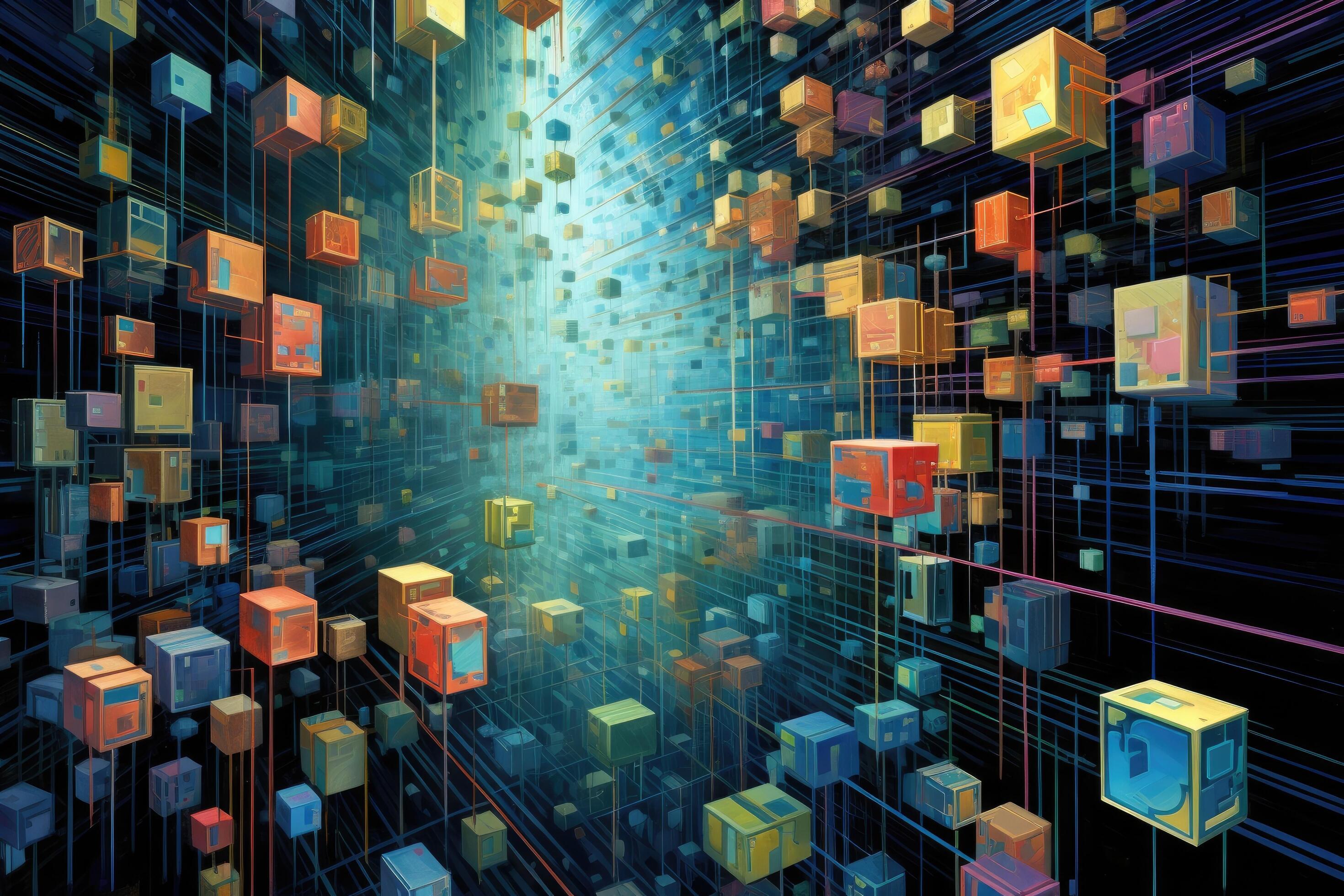 abstract 3d illustration of technology background with cube and light ...