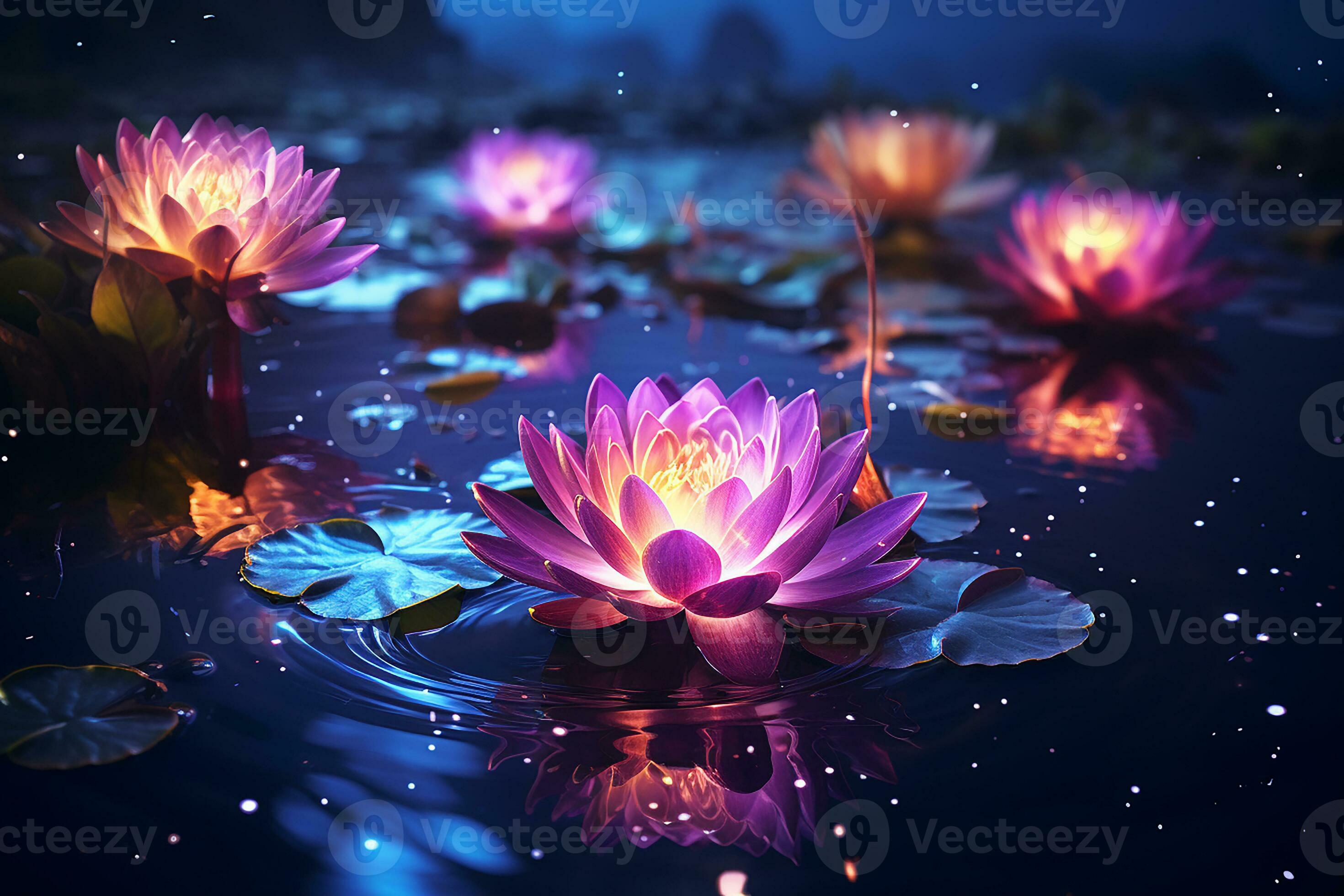 Generative Ai Image Of Beautiful Glowing Purple Lotus Flowers Floating