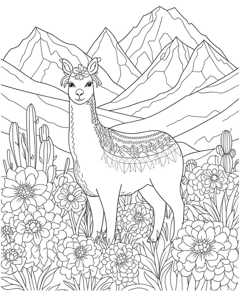 llama mountains and flowers coloring pages 27828779 Vector Art at Vecteezy