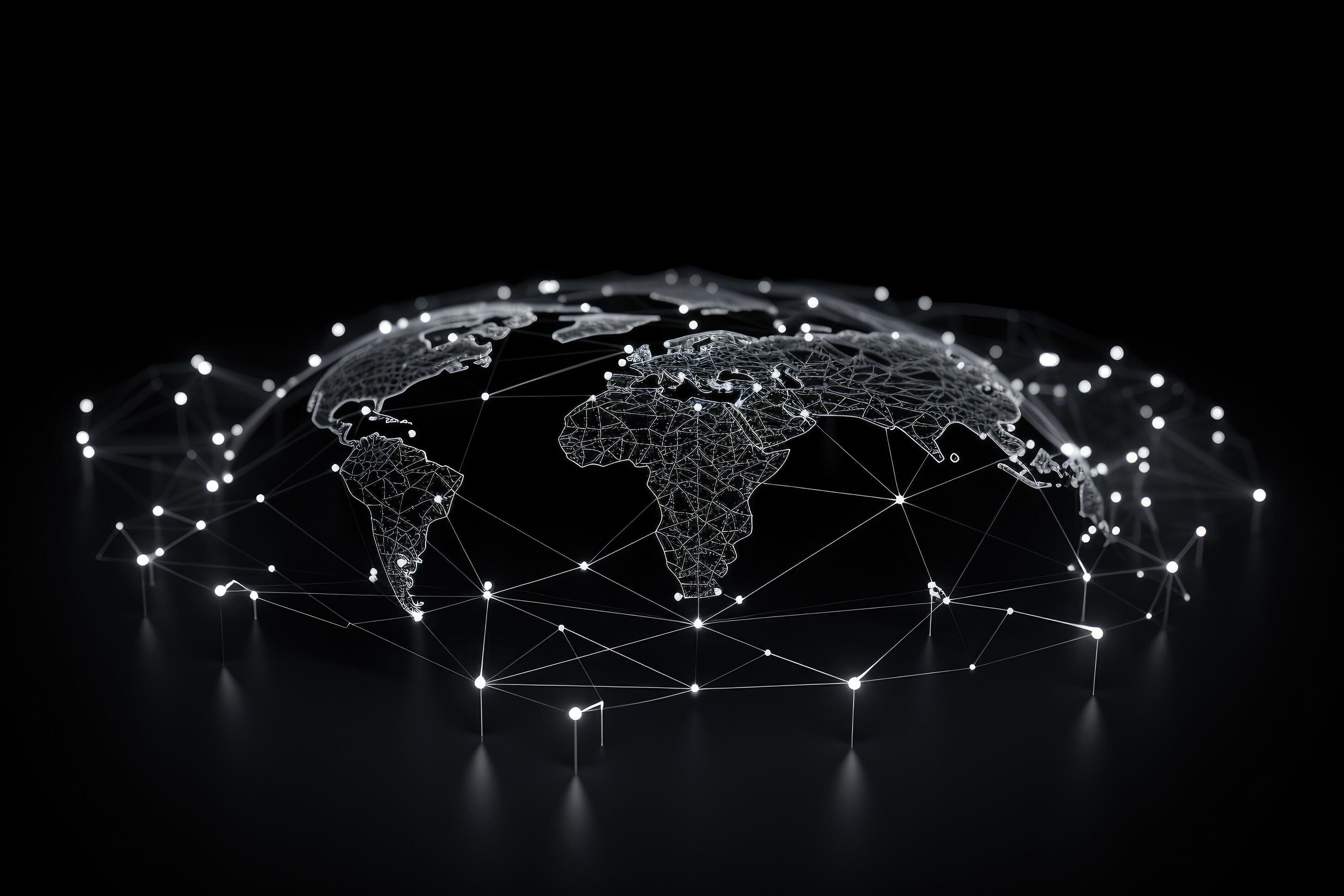 Glowing polygonal world map on dark background. 3D rendering, Black and white global network ...