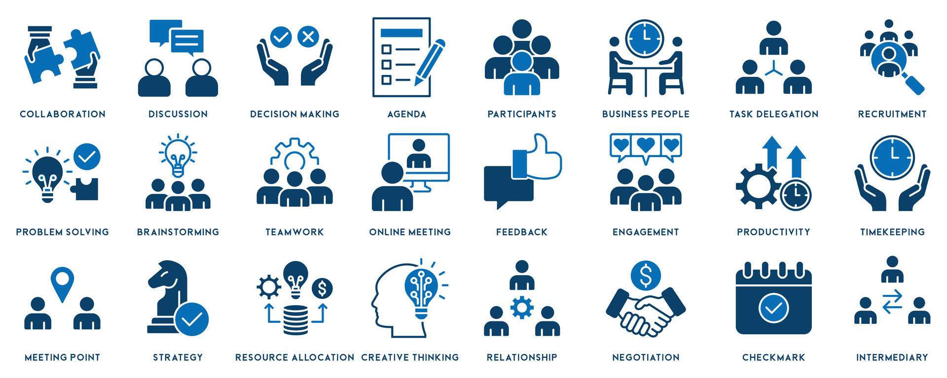 Meeting icon set. Included icons as meeting room, team, teamwork, presentation, idea, brainstorm ...