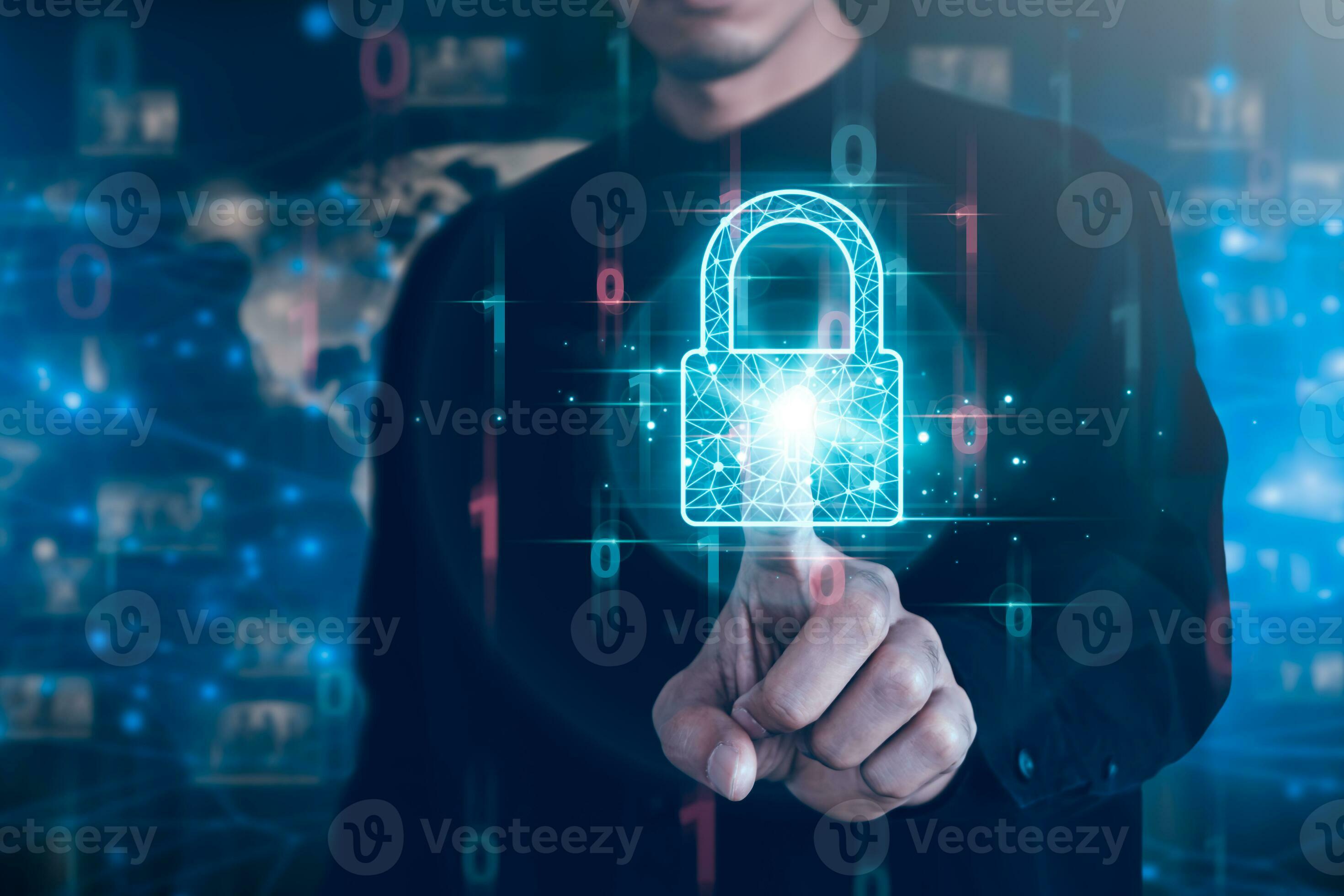 Business Man Point Padlock Icon Data Security System Concept Innovation Technology Cloud