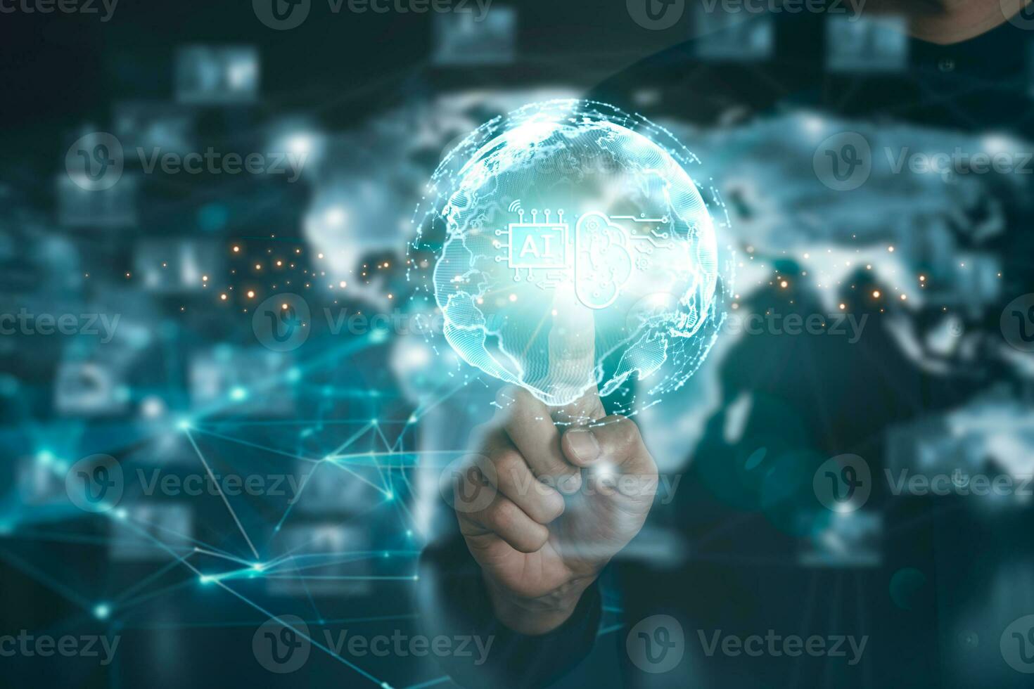 Business man pointing digital screen of AI icon artificial intelligence ...