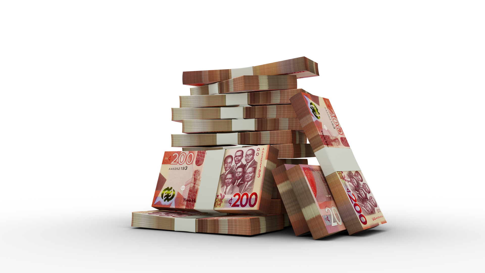 3d Rendering Of Stacks Of 200 Ghanaian Cedi Notes Bundles Of Ghanaian Currency Notes Isolated