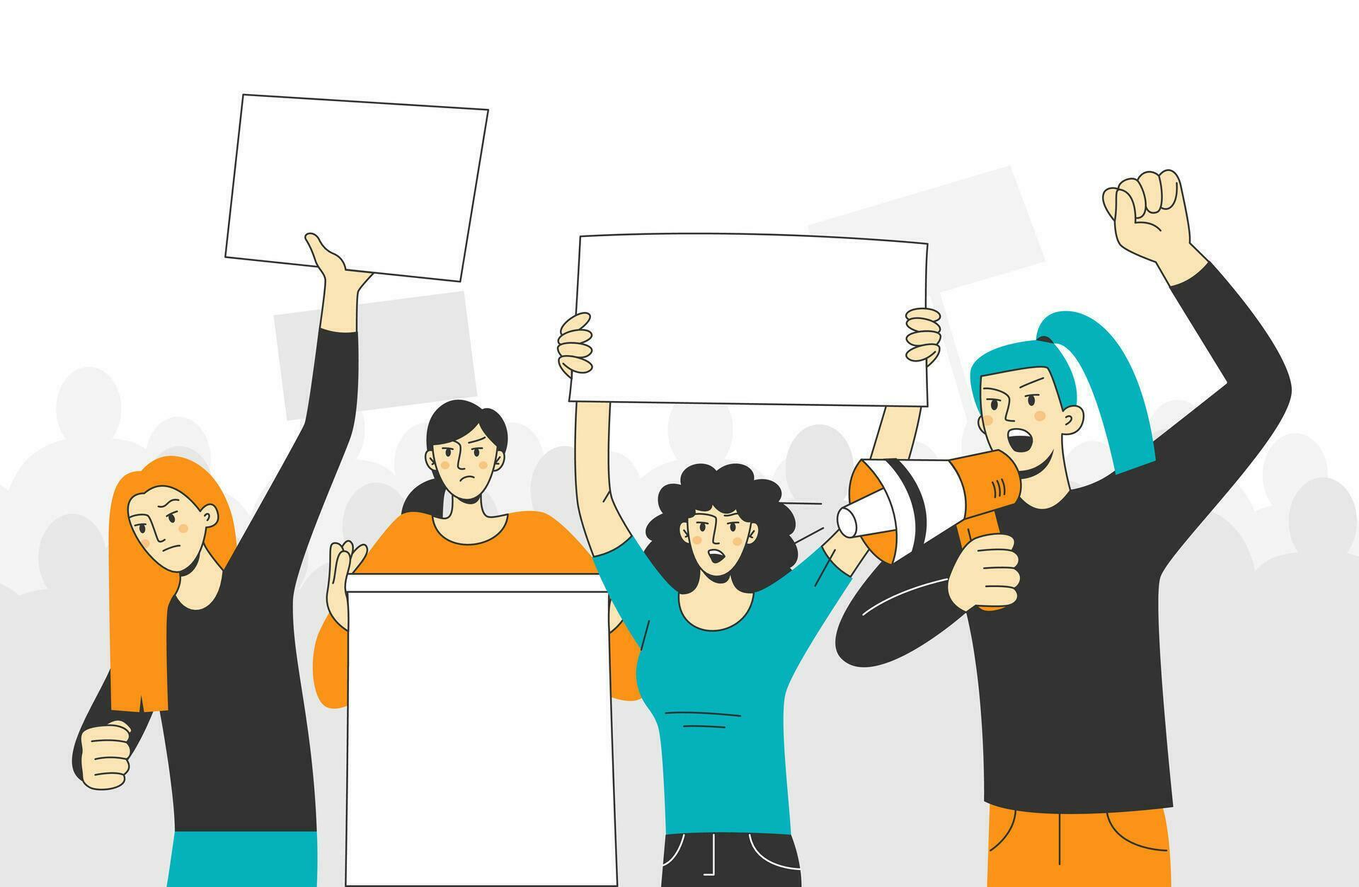 Crowd Of Angry Female Protesters With Raised Fists Placards And