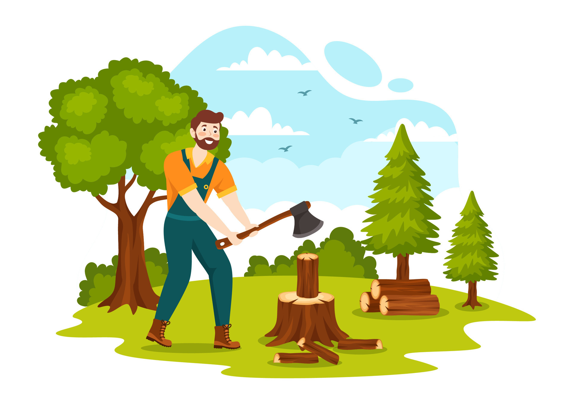 Men Chopping Wood And Cutting Tree With Lumberjack Work Equipment Machinery Or Chainsaw In Flat