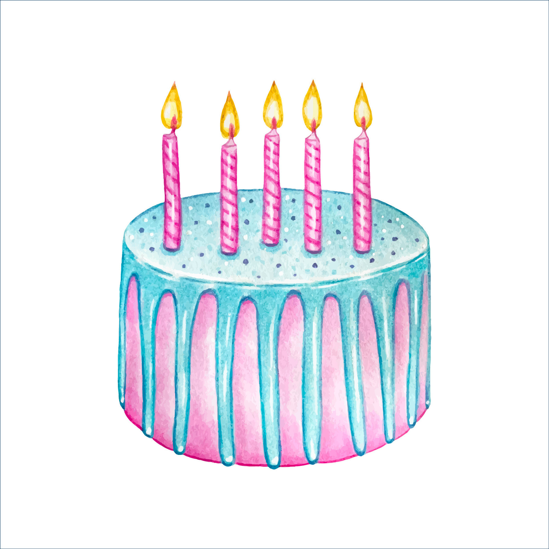 Hand drawn birthday cake in blue and pink colors with candles ...