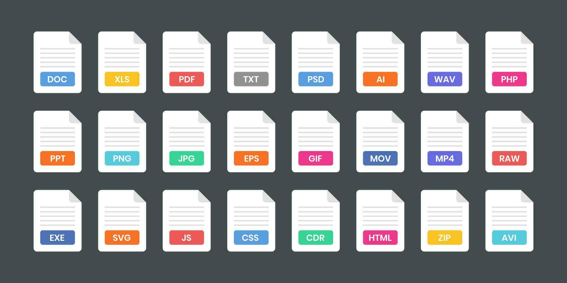 Set file icon. File and document formats in flat style design. Popular ...