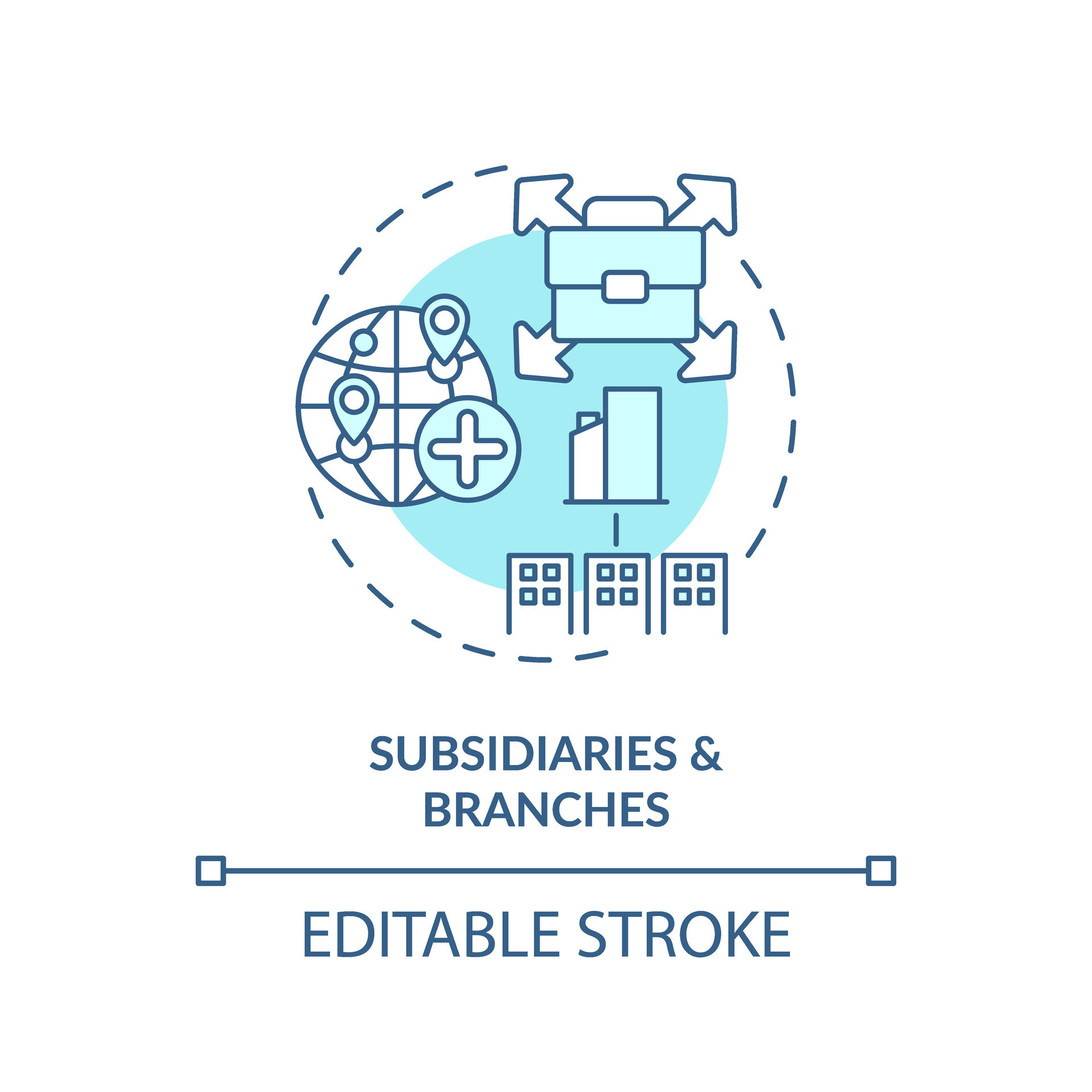 Editable subsidiaries and branches icon, isolated vector, foreign direct investment thin line ...