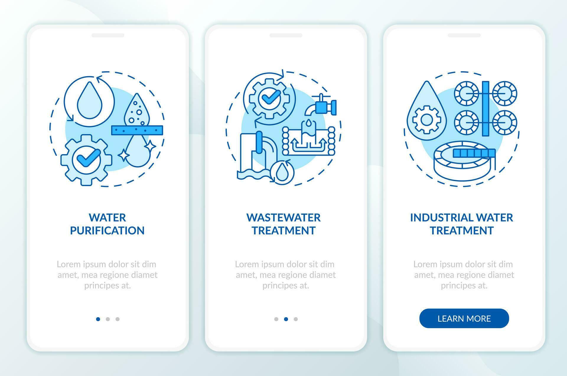 Water Treatment Blue Onboarding Mobile App Screen Purification Walkthrough 3 Steps Editable