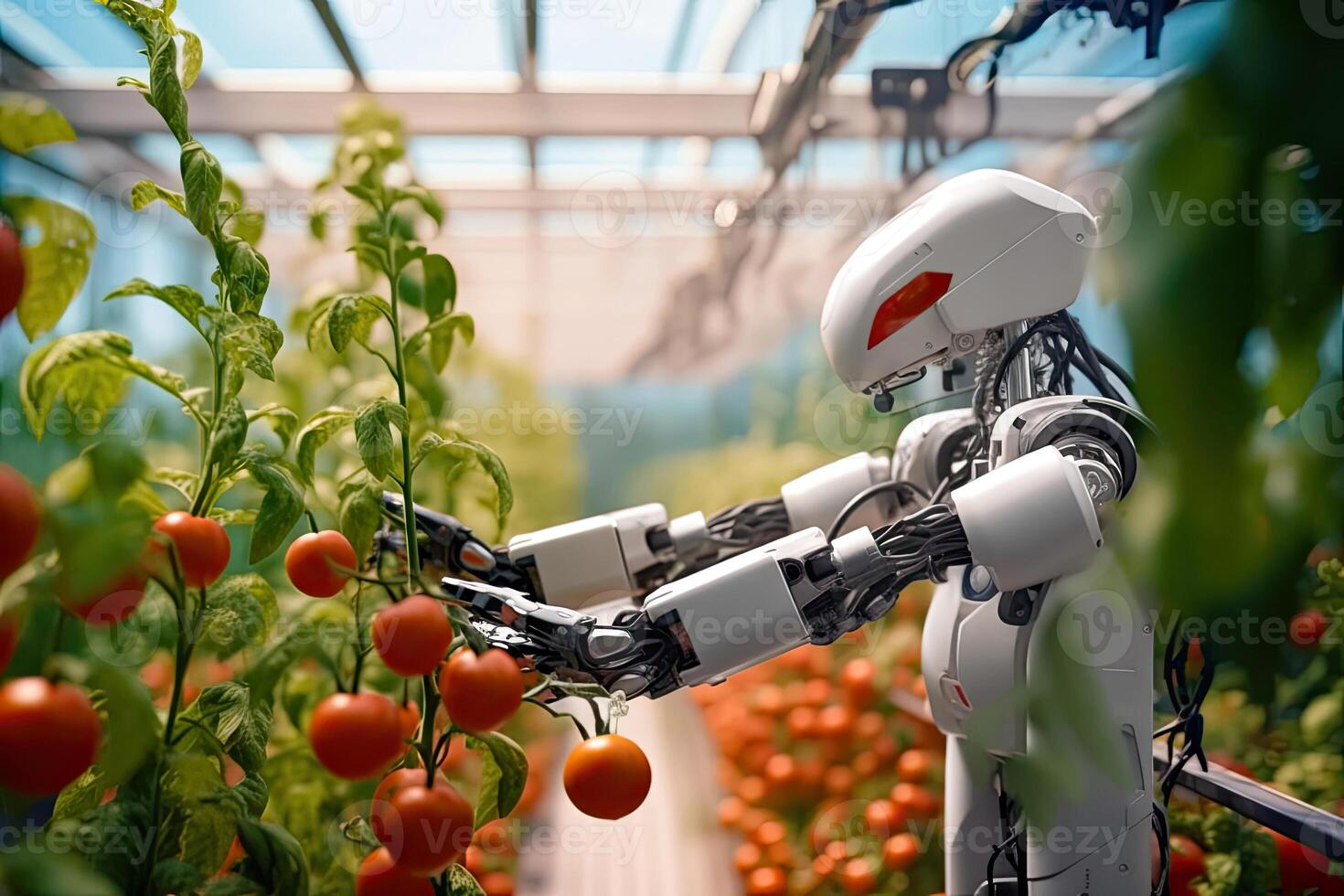 Futuristic Tomato Harvesting - Robot Cyborg in Greenhouse - Generative ... Futuristic Tomato Harvesting - Robot Cyborg in Greenhouse - Generative ...