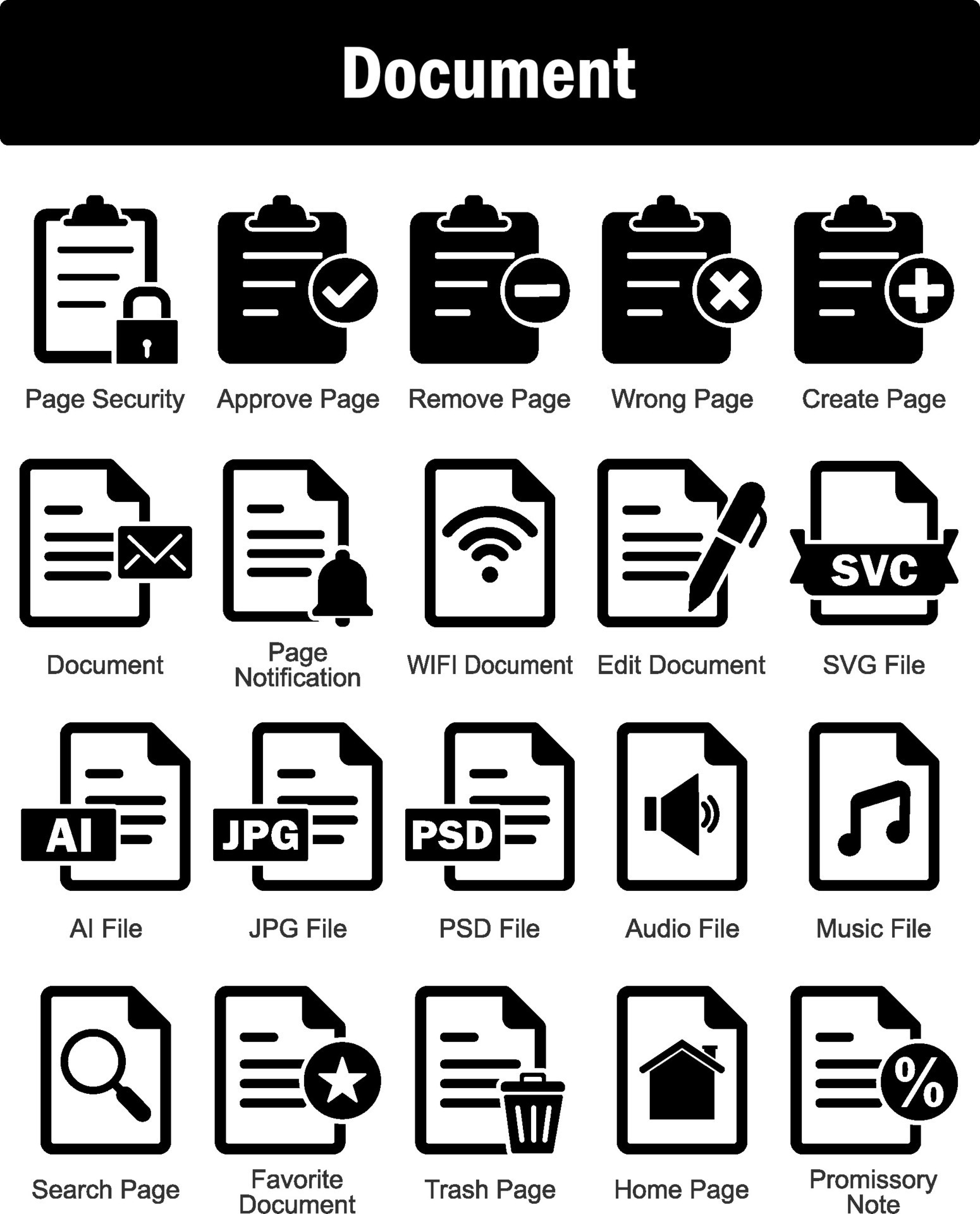 A set of 20 Document icons as page security, approve page, remove page ...