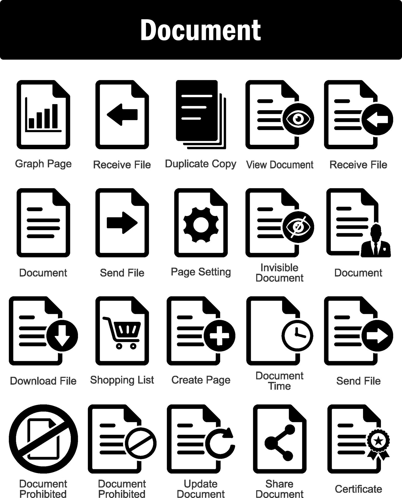 A set of 20 Document icons as graph page, receive file, duplicate copy ...