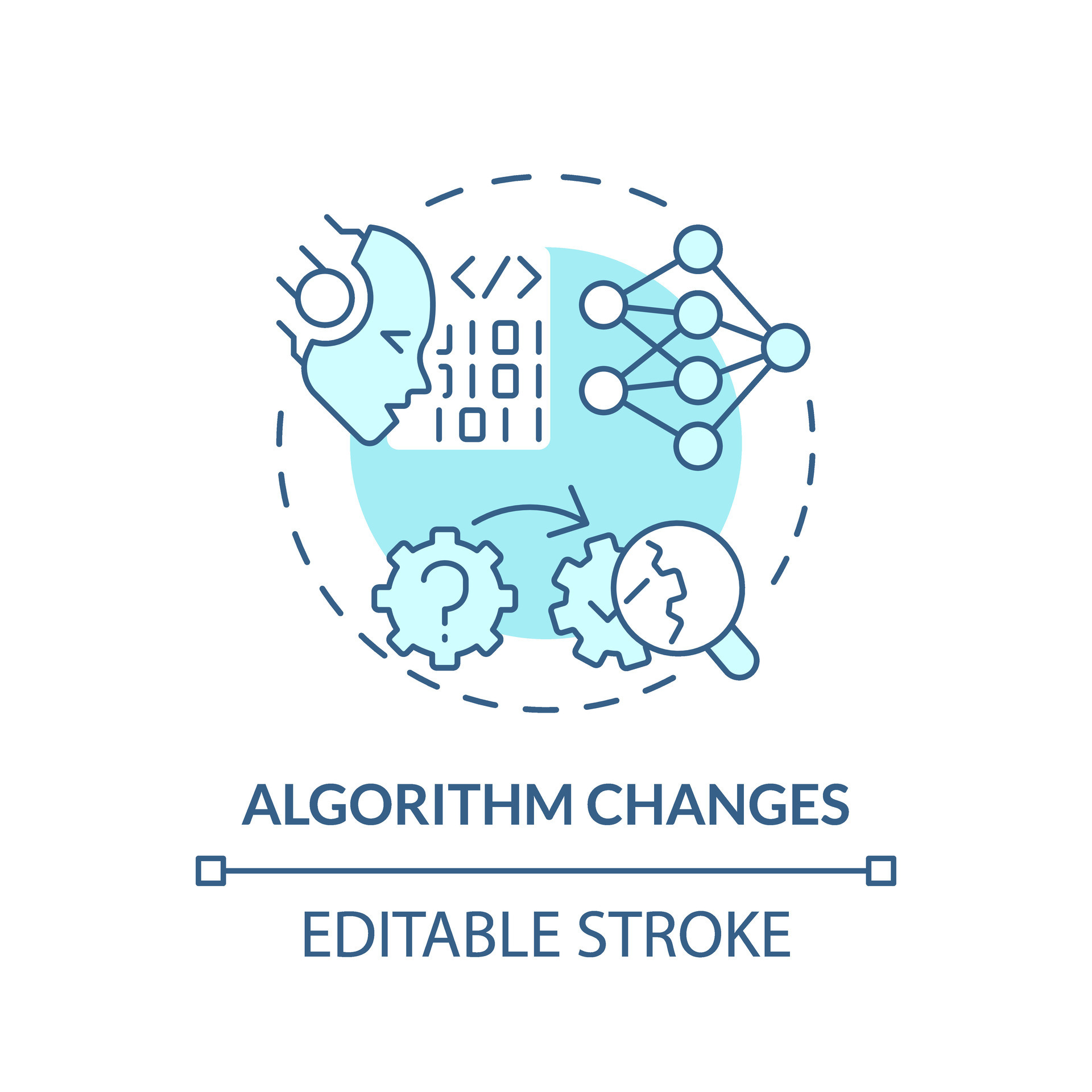 Editable algorithm changes icon concept, isolated vector, AI for SEO blue thin line illustration ...