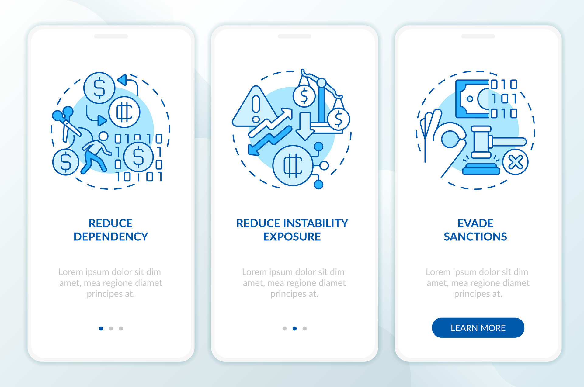 2D icons representing digital currency mobile app screen set ...