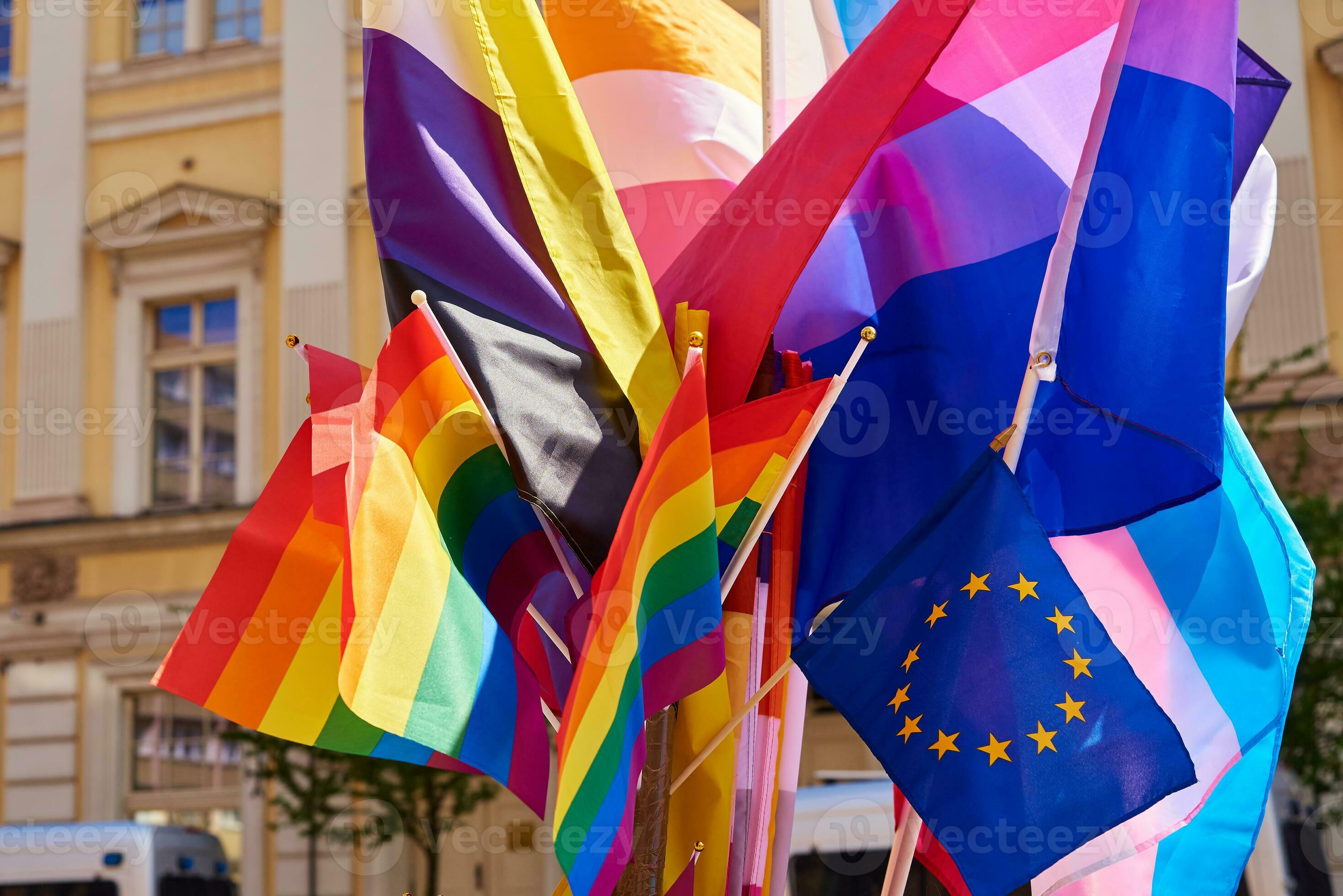LGBTQ rainbow flags on pride demonstration 27947546 Stock Photo at Vecteezy