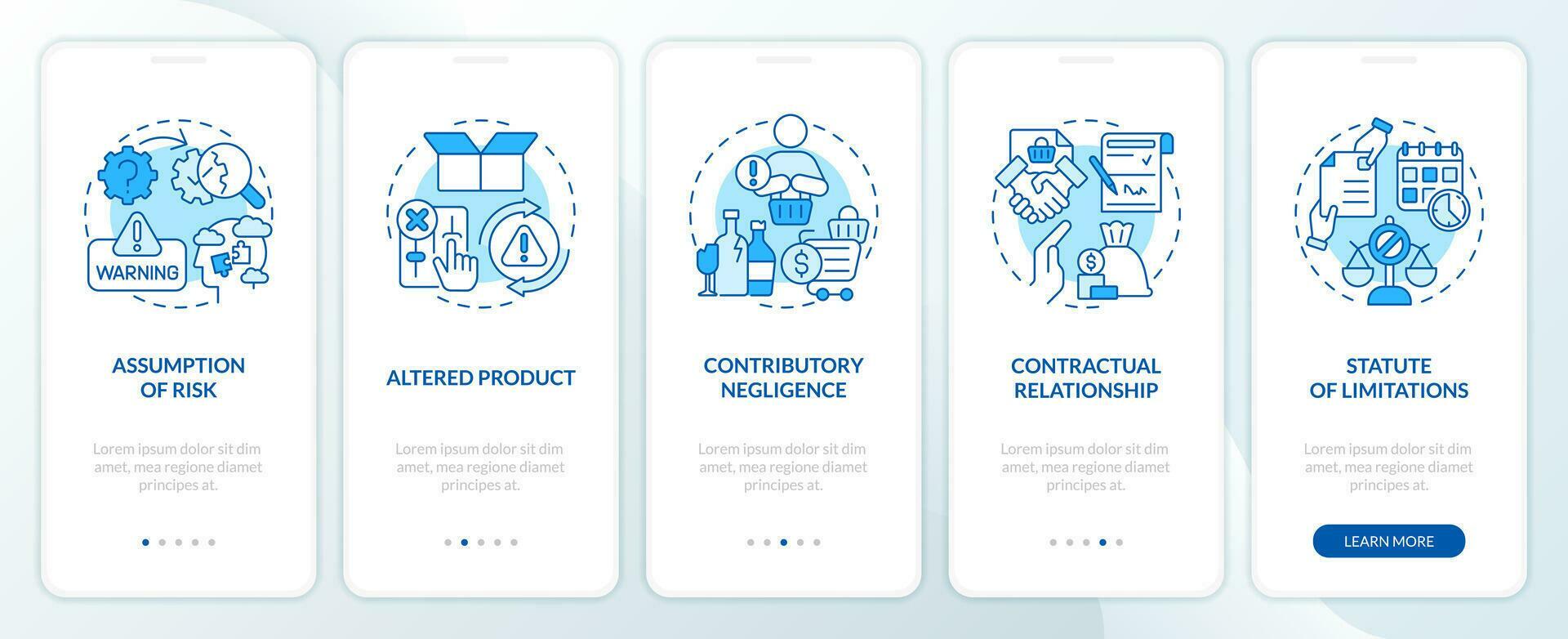 2D icons representing product liability mobile app screen set. Walkthrough 5 steps blue graphic ...