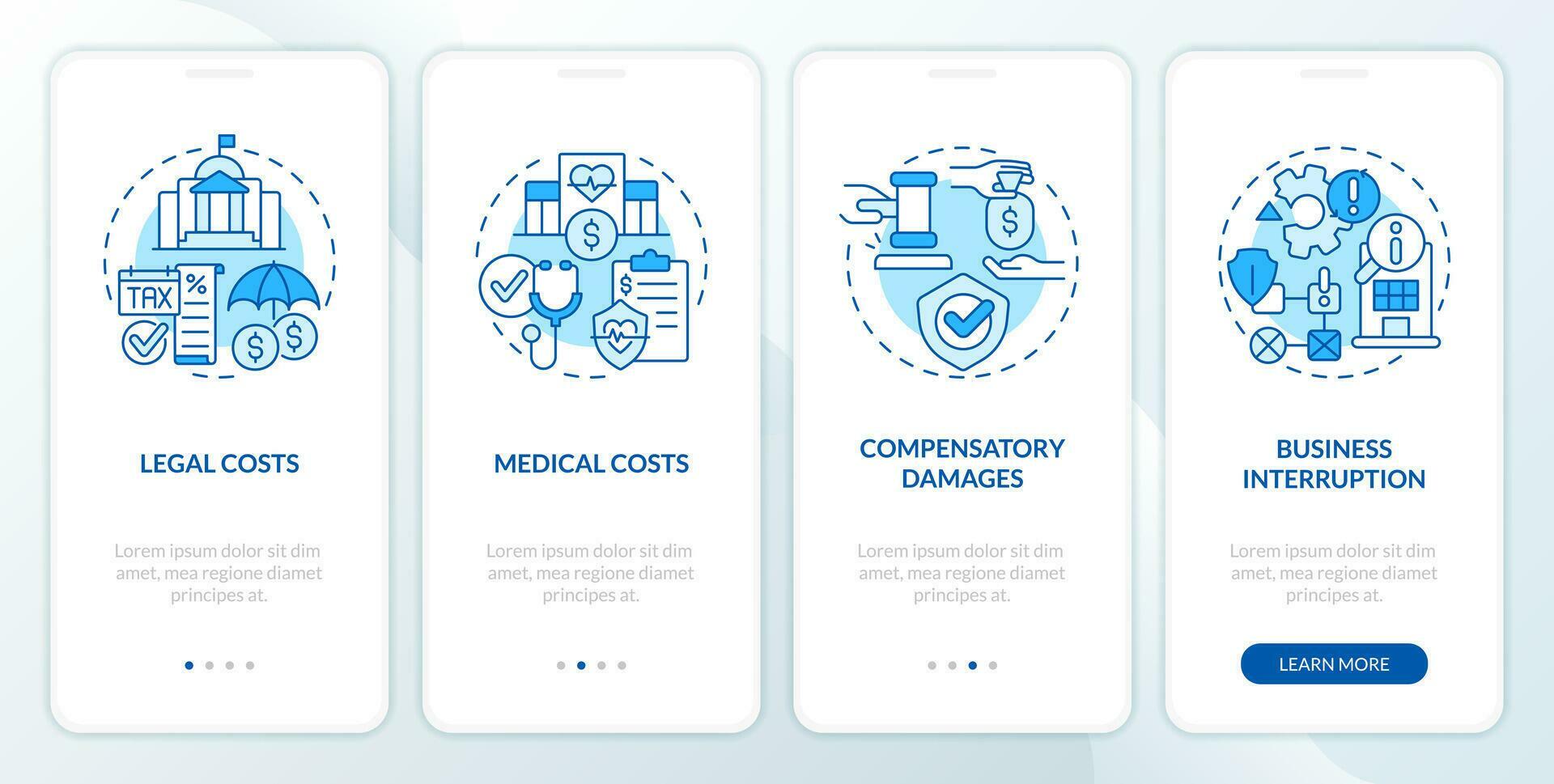2D icons representing product liability mobile app screen set. Walkthrough 4 steps blue graphic ...