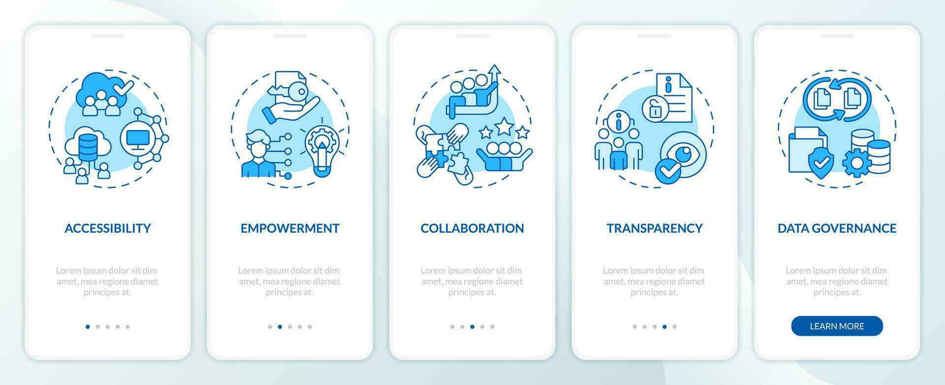 2d Linear Icons Representing Data Democratization Mobile App Screen Set 5 Steps Graphic