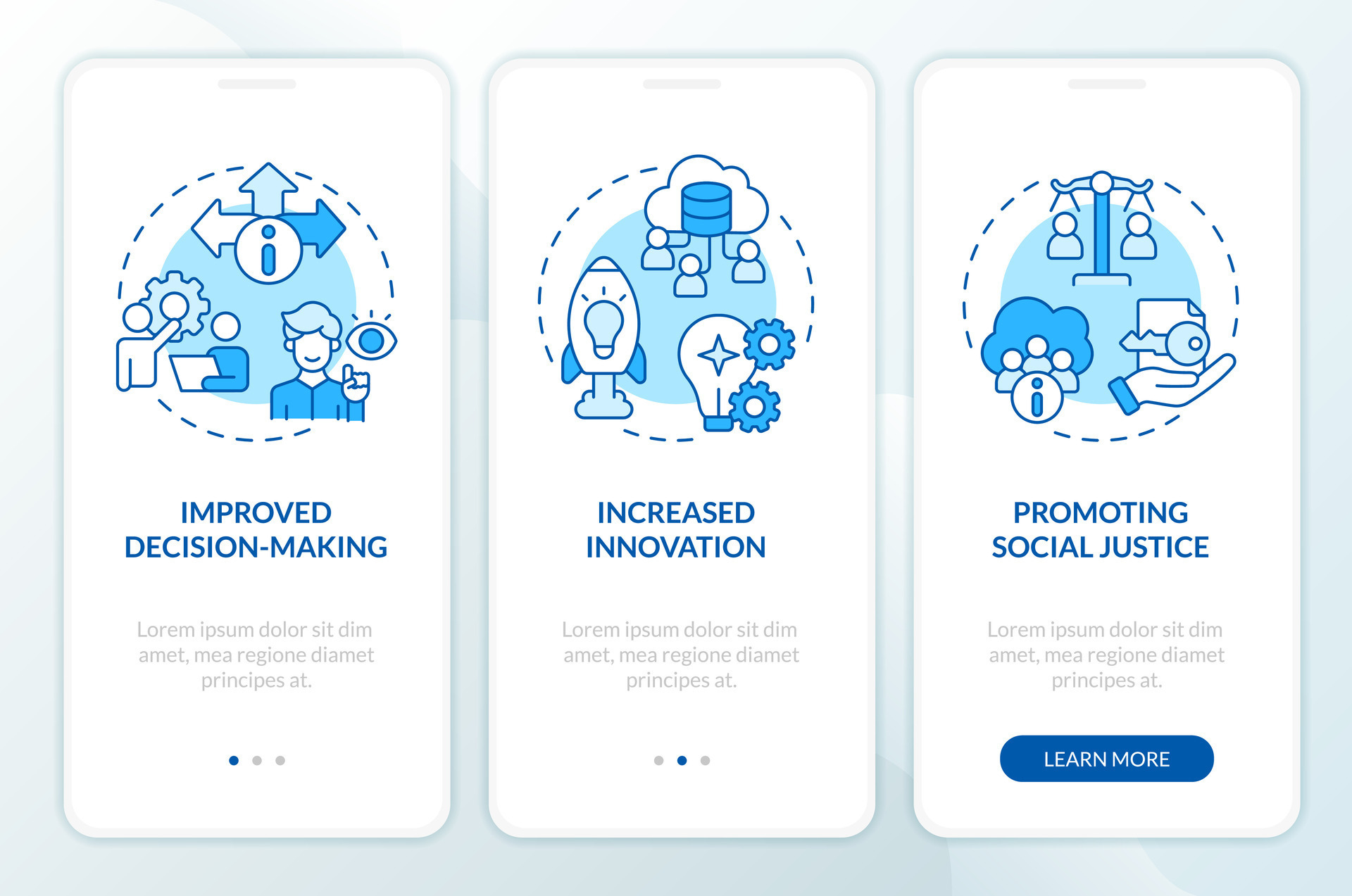 2d Blue Linear Icons Representing Data Democratization Mobile App Screen Set 3 Steps Graphic