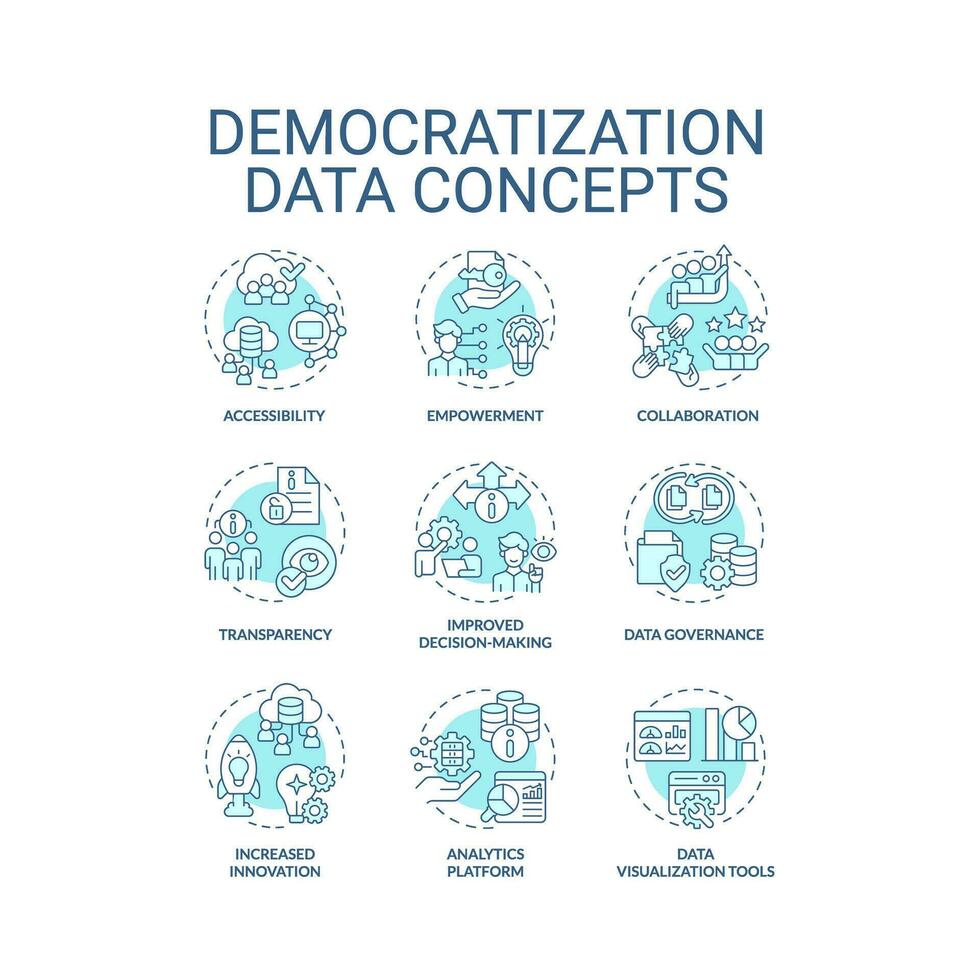 2d Icons Set Representing Data Democratization Concepts Isolated