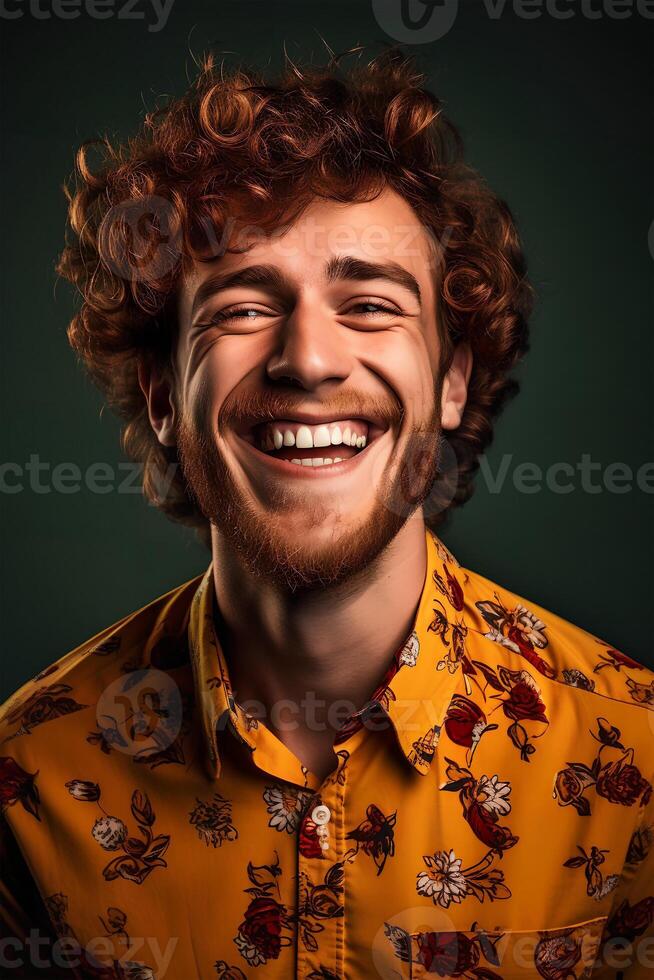 Cheerful studio Portrait of a smiling European man with curly red hair ...