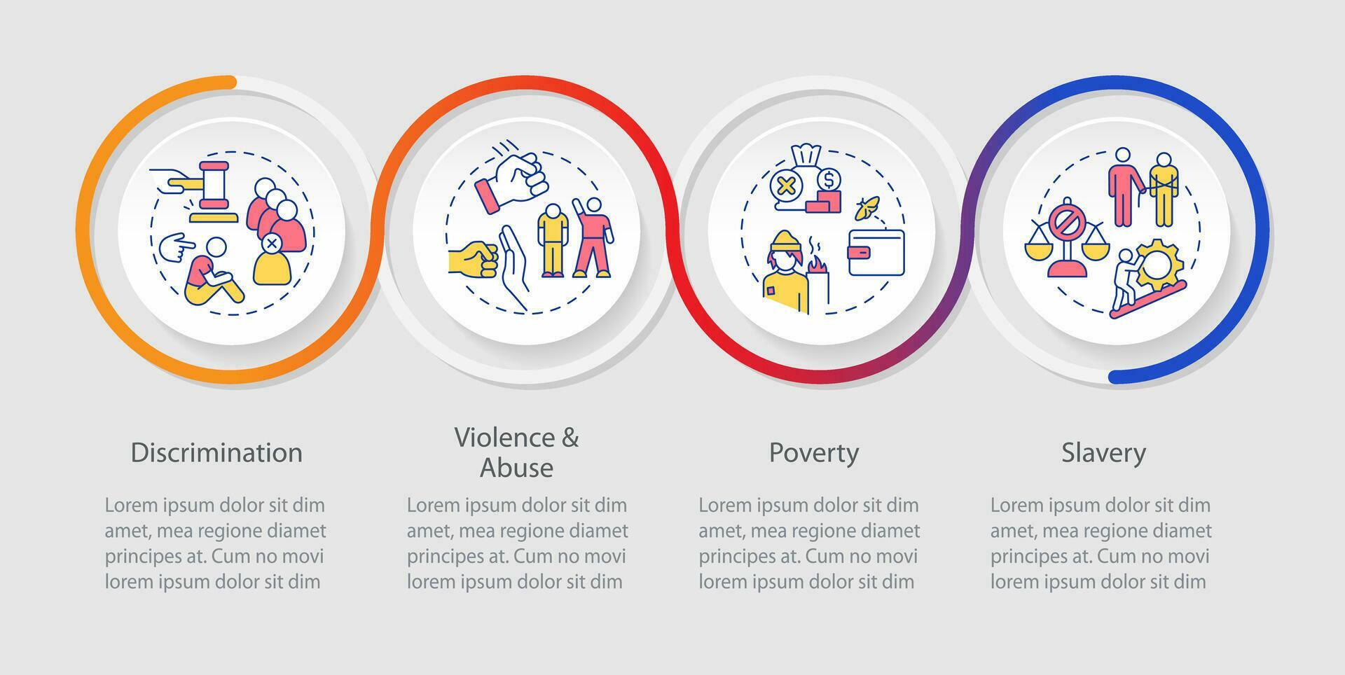 Justice issues loop infographic template. Society problems. Data visualization with 4 steps ...