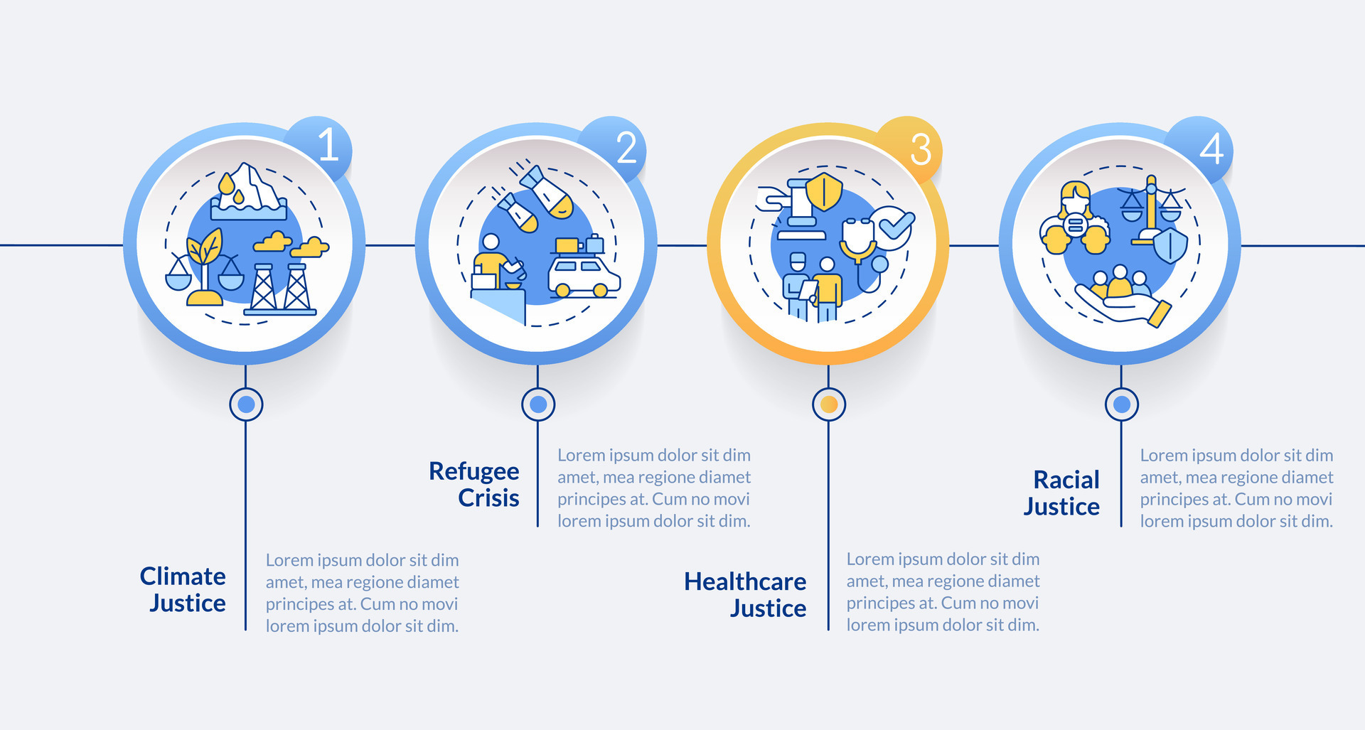 Social justice examples blue circle infographic template. Data ...