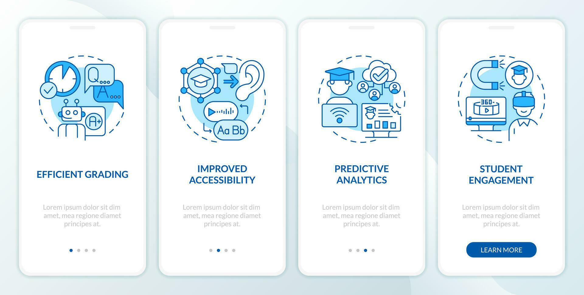 4 steps 2D blue icons representing AI in education, graphic ...