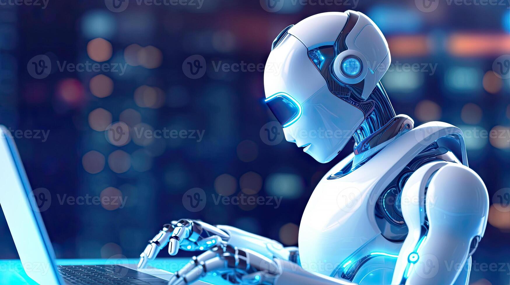 artificial inteligencia, o ai robot trabajando a oficina por utilizando computadora ordenador ...